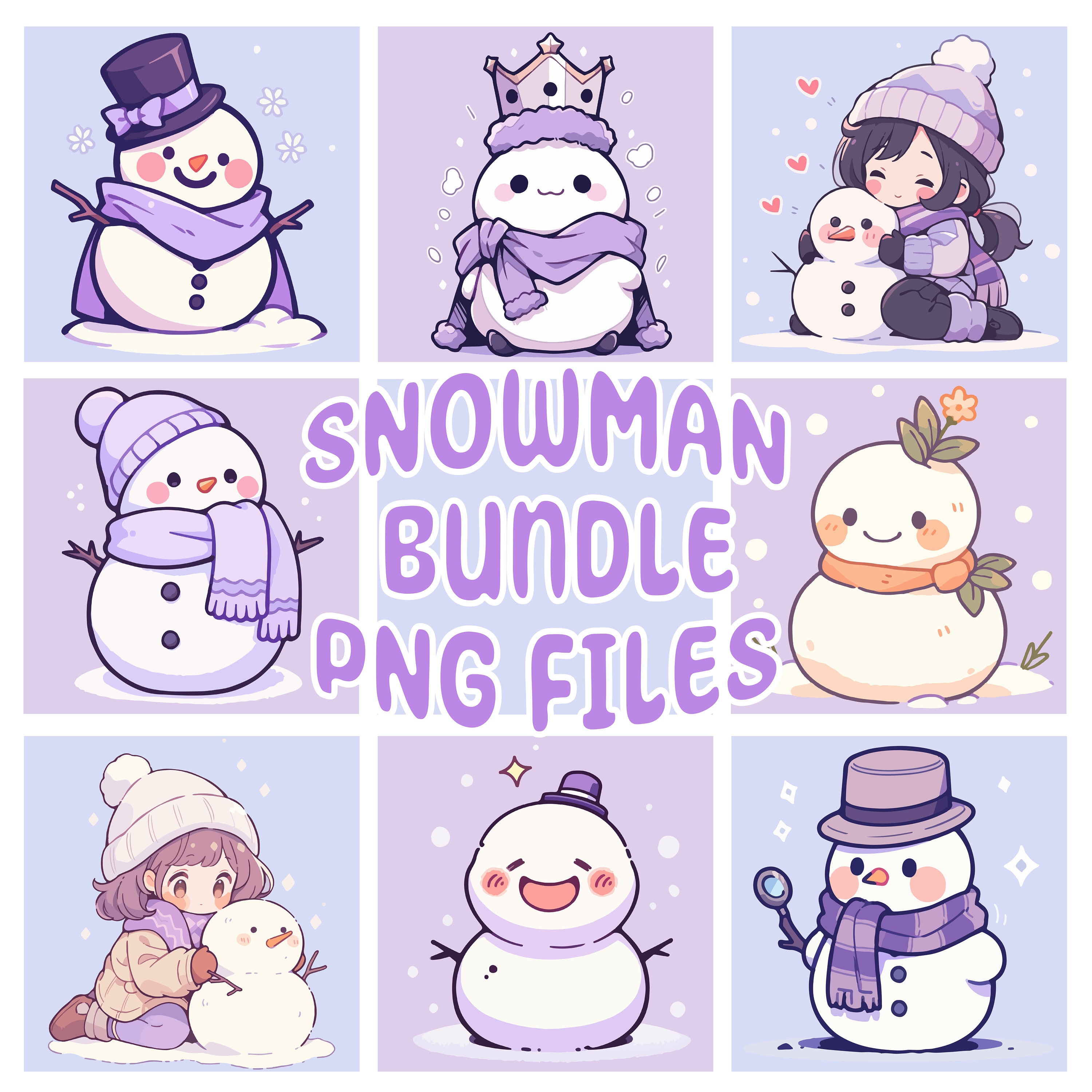 Snowman Christmas Bundle, 8 Cute Chibi Cartoon Snowmen, Transparent PNG Digital Download Clip ...
