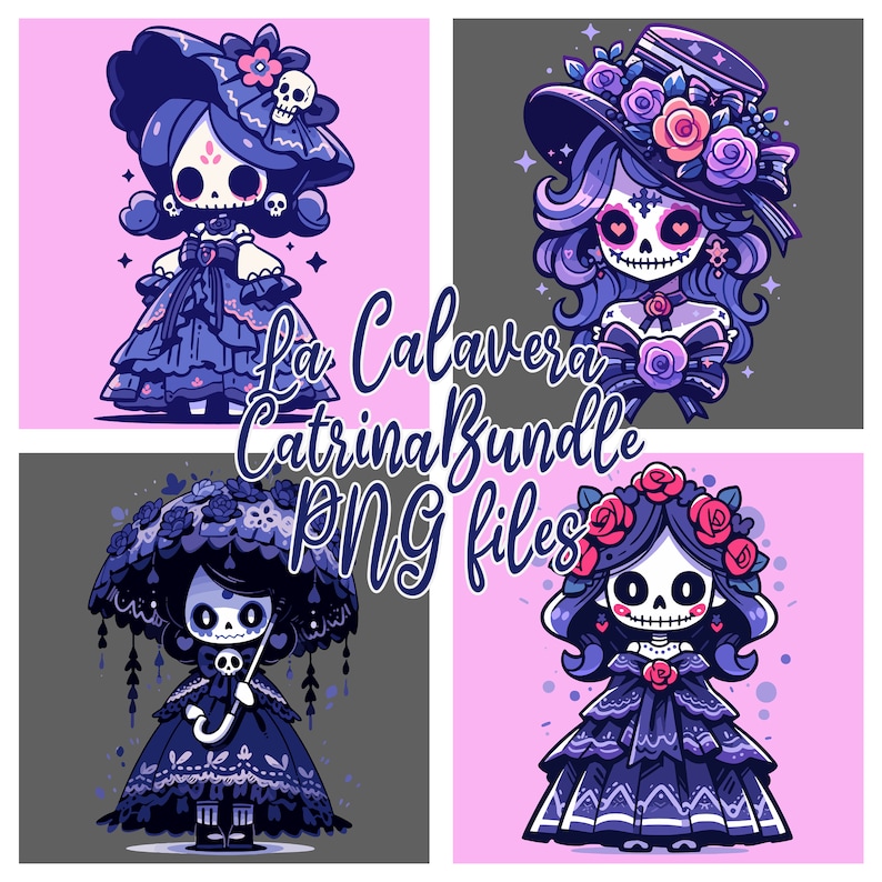 La Calavera Catrina Bundle 4 Chibi Cartoon Catrinas for Day of the Dead ...