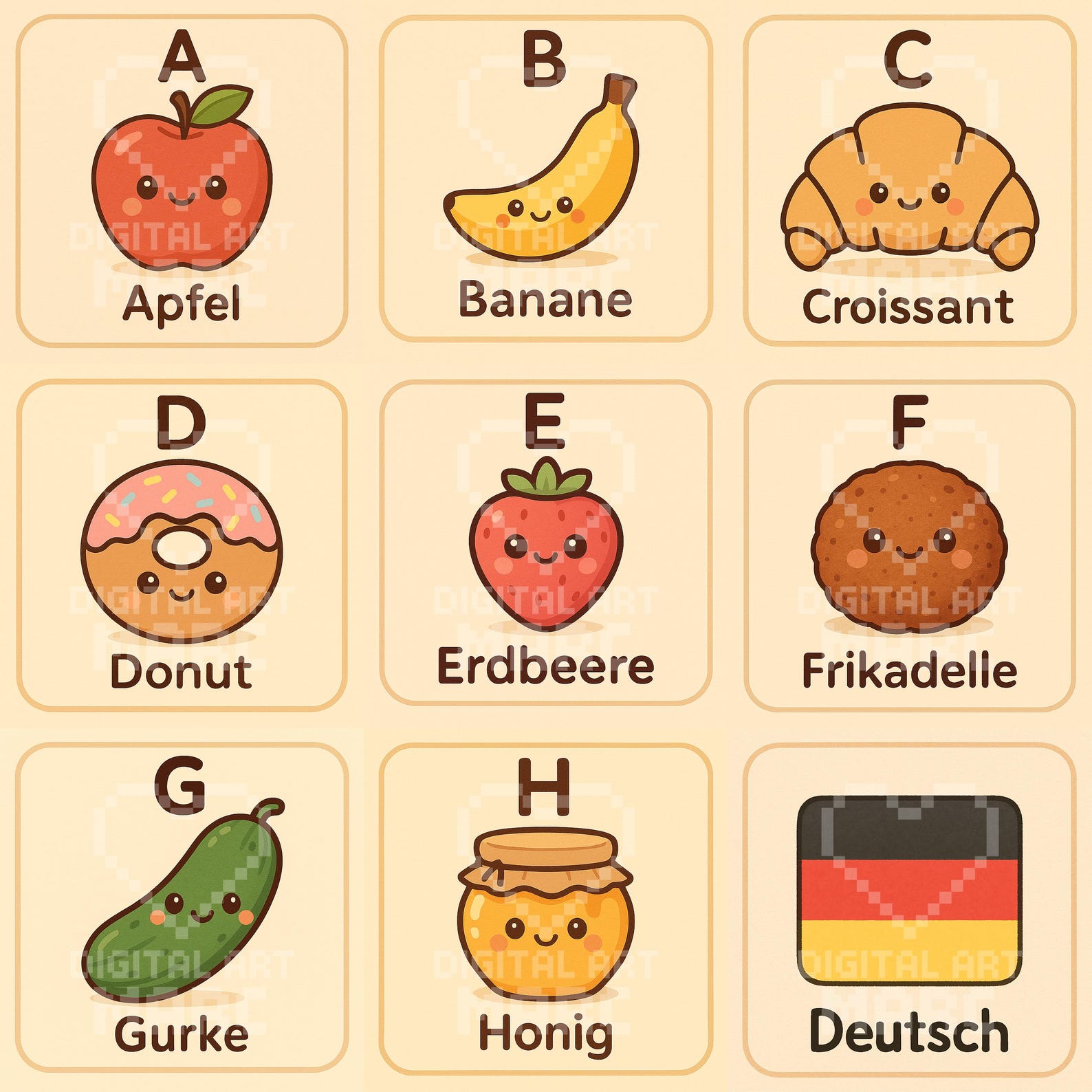German ABC Food Flashcards, Learn German Alphabet A–Z With Cute Kawaii ...