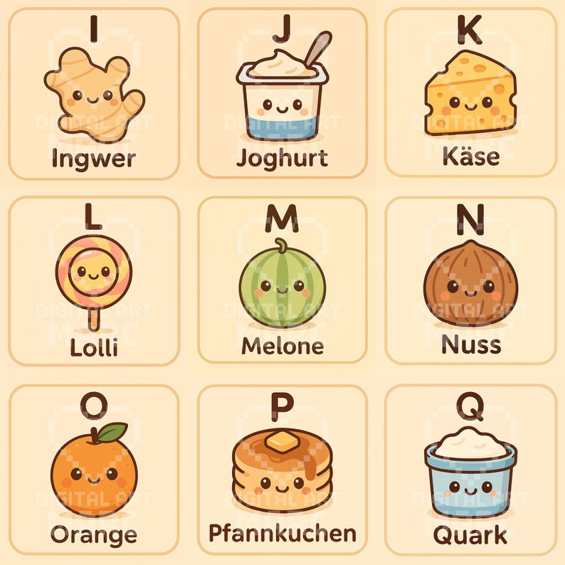German ABC Food Flashcards, Learn German Alphabet A–Z With Cute Kawaii ...