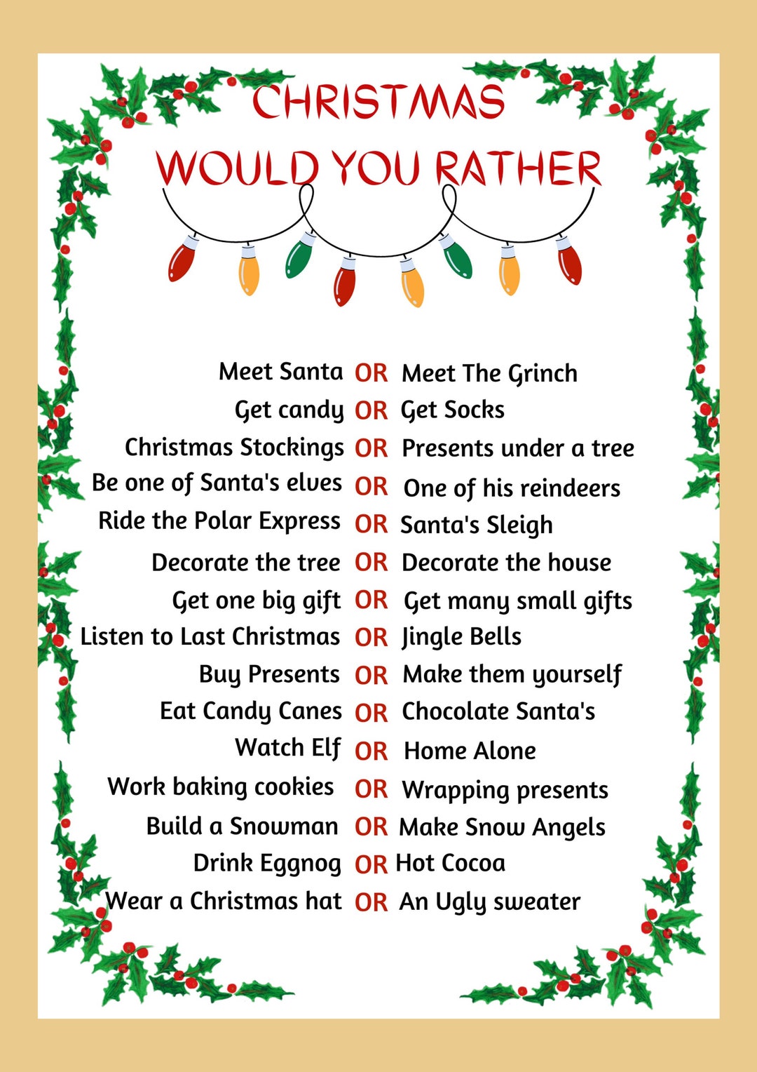 Christmas Would You Rather Game - Etsy