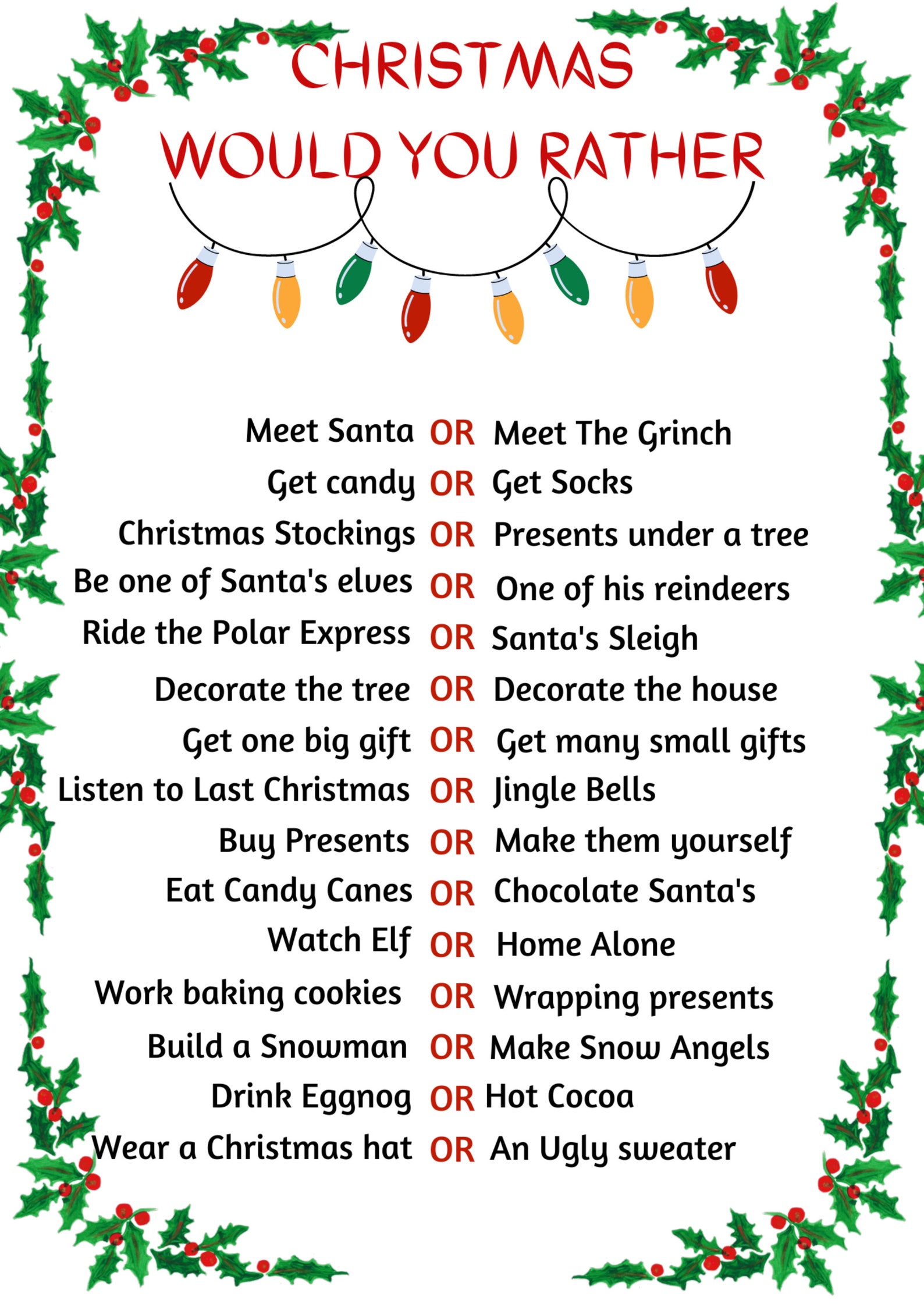 Christmas Would You Rather Game - Etsy