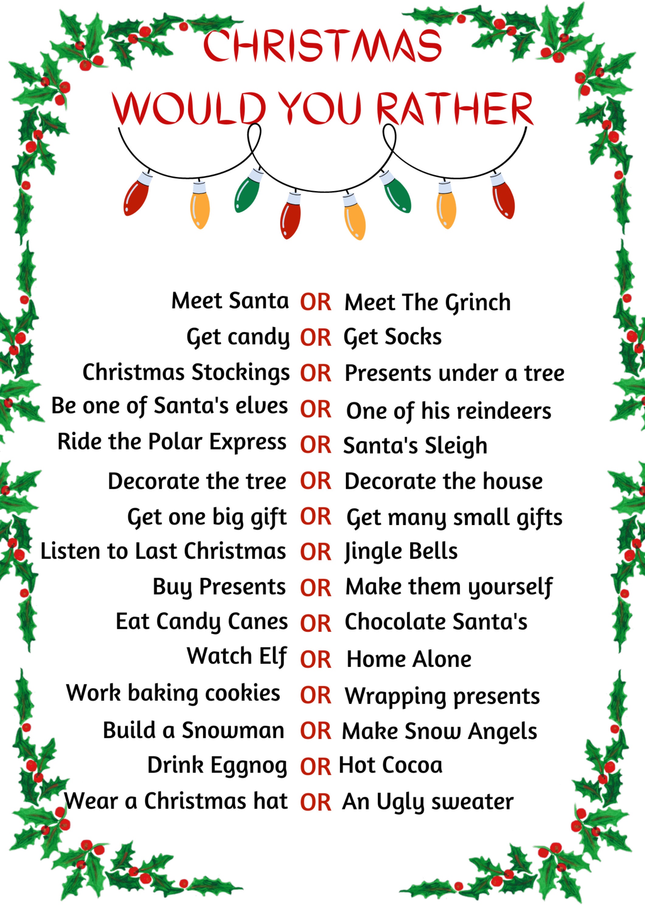 Christmas Would You Rather Game - Etsy