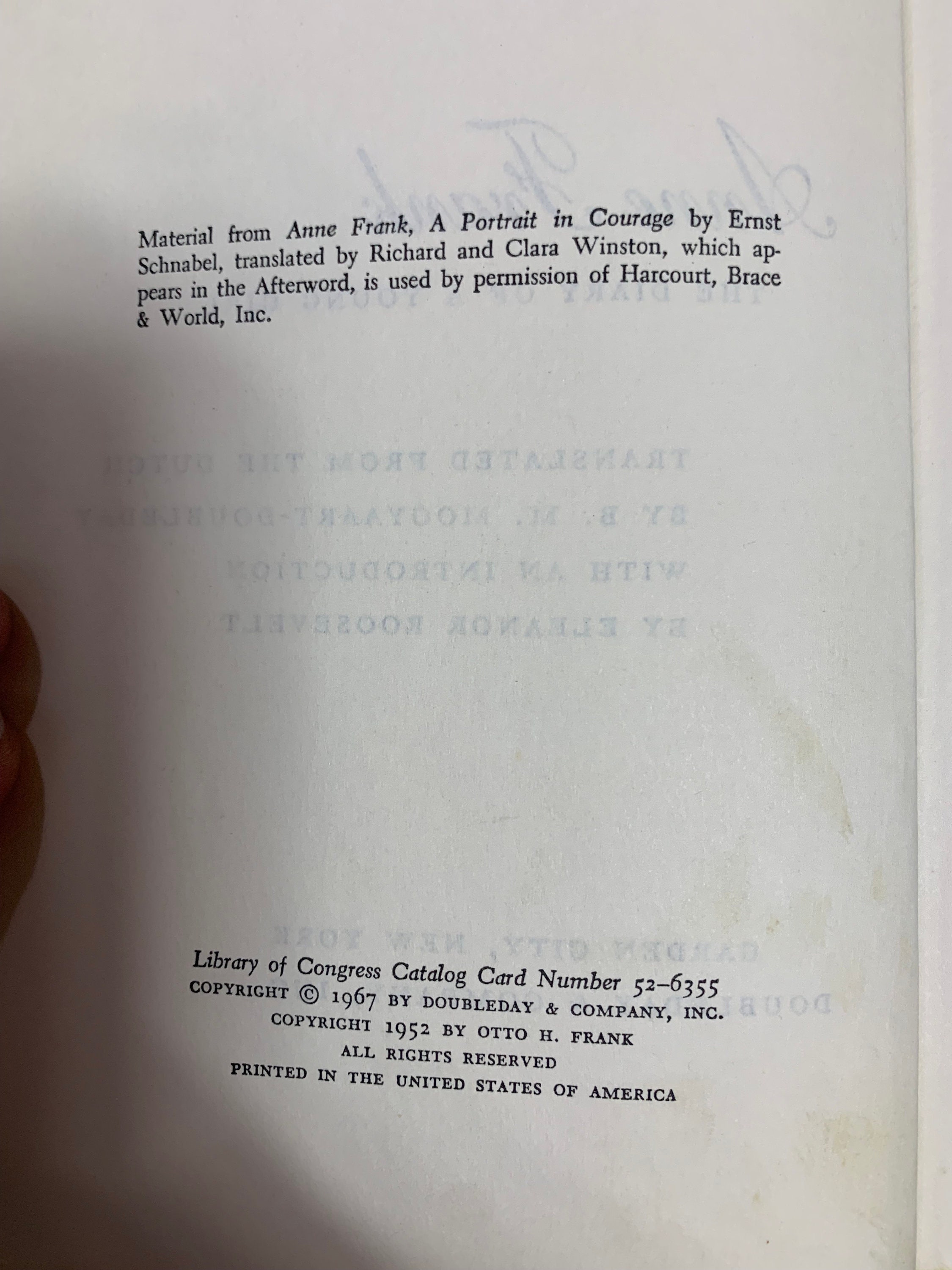 Anne Frank the Diary of a Young Girl Introduction by Eleanor Roosevelt ...