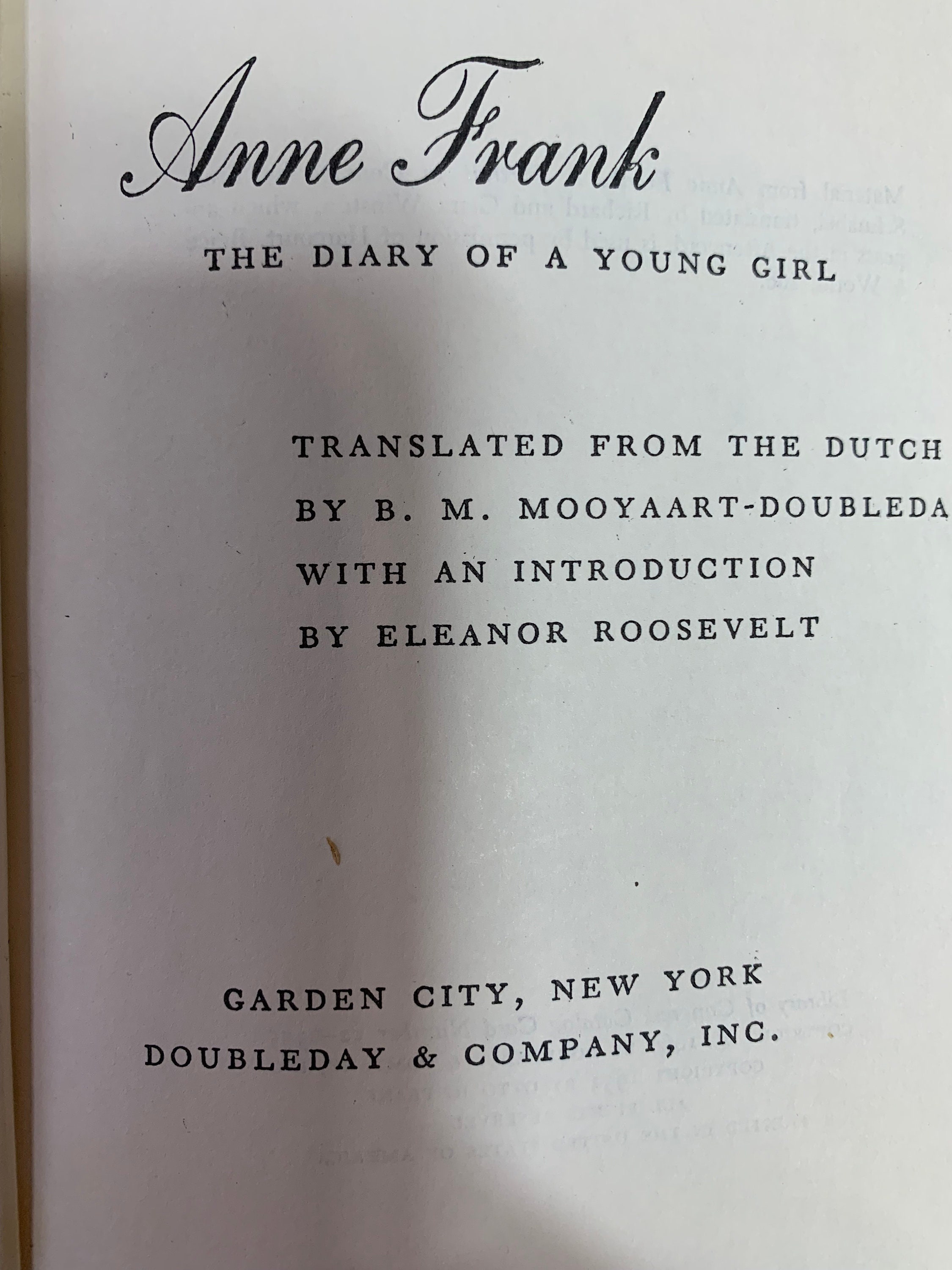 Anne Frank the Diary of a Young Girl Introduction by Eleanor Roosevelt ...