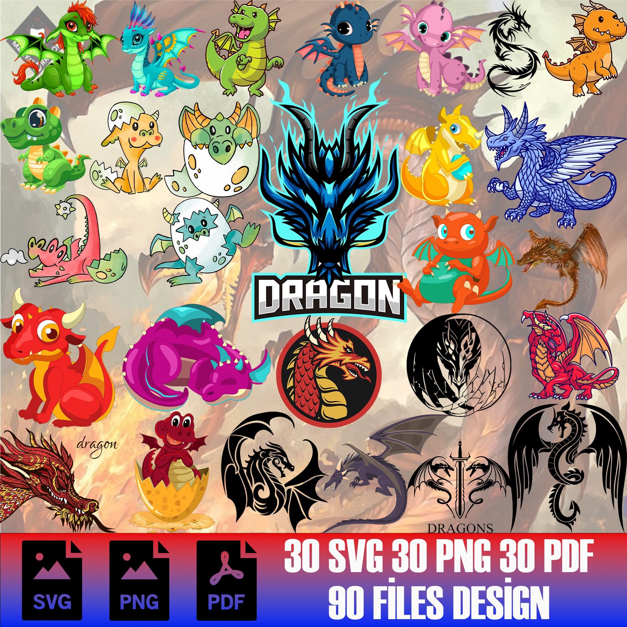 Dragon Svg Bundle | Dragon Png | Dragon Silhouette Cut File | Dragons ...