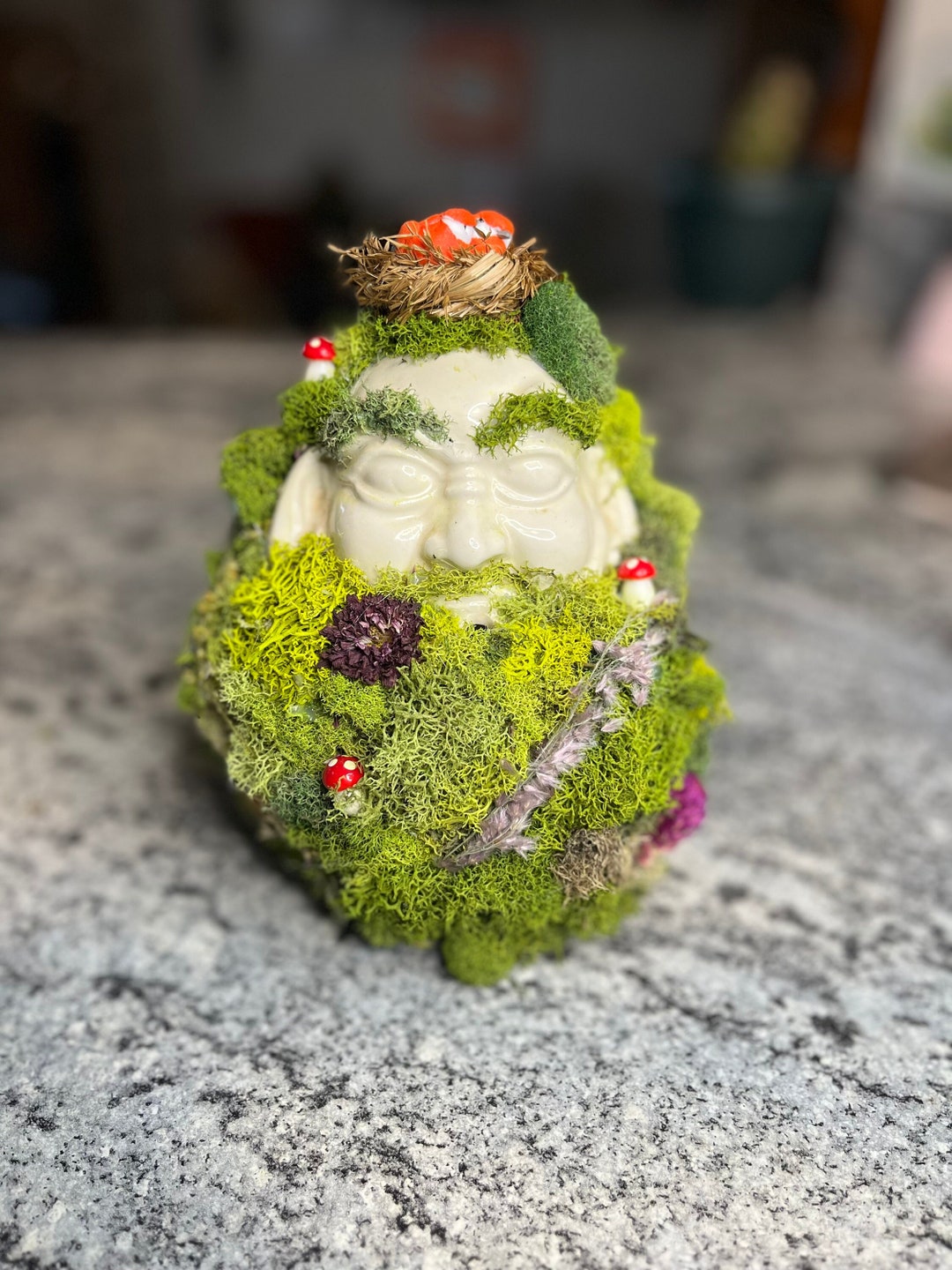 Moss Man Mini Statue Head With Bird Nest Hat - Etsy