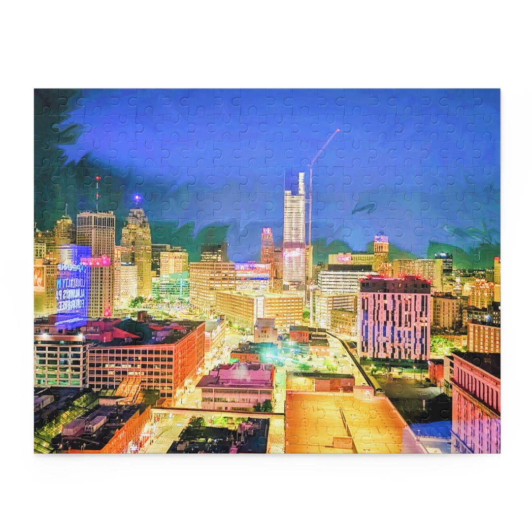 Puzzle, Cityscape Jigsaw Puzzle, Detroit Skyline Night View, Adult ...