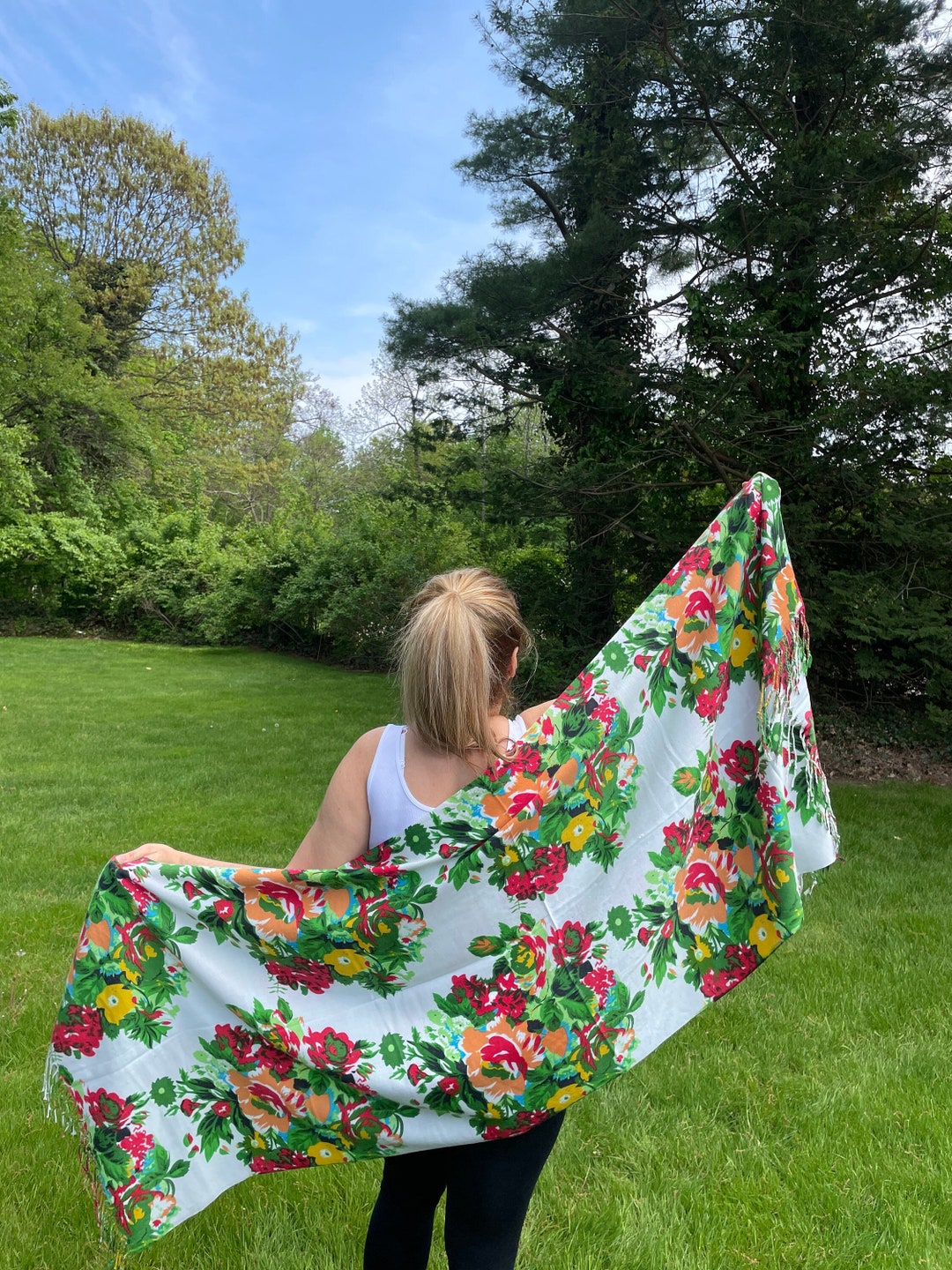 Very Soft and Comfy Light Blue Scarf With Multicolored Floral Pattern ...