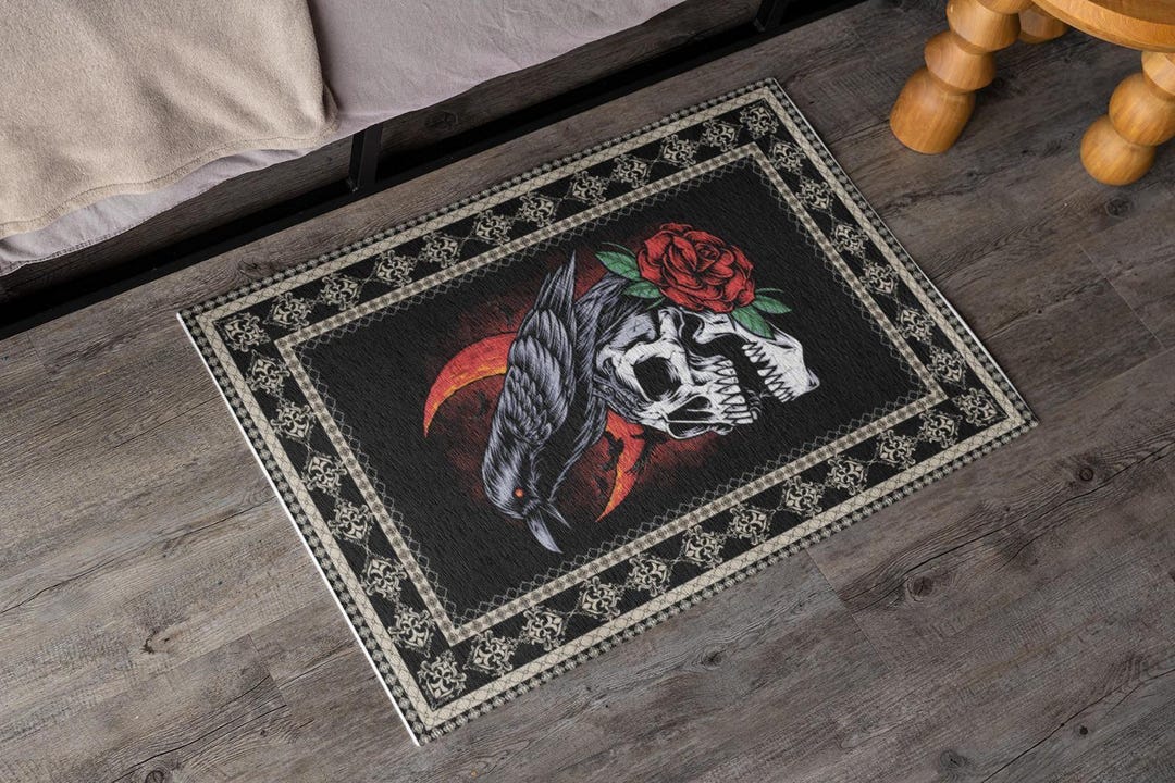 Raven Rug, Gothic Skull Carpet, Halloween Crow Mat, Spooky Bird Floor ...