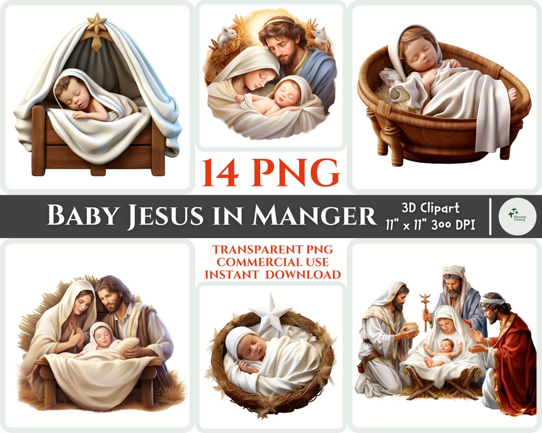 Baby Jesus Manger Clipart, 3D Christian PNG Bundle (digital Download ...