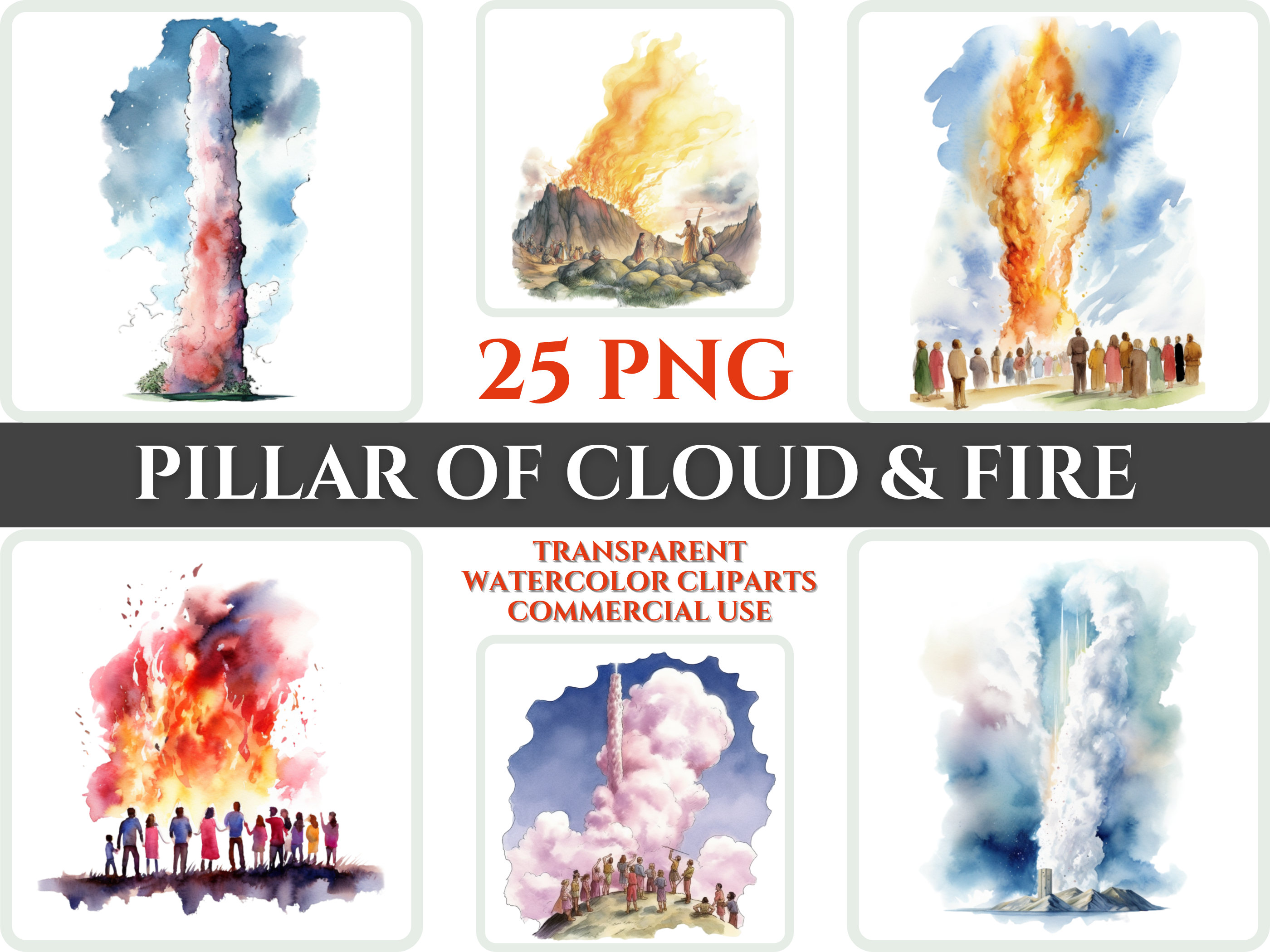Pillar of Cloud and Fire Clipart PNG Watercolor Bundle Christian ...