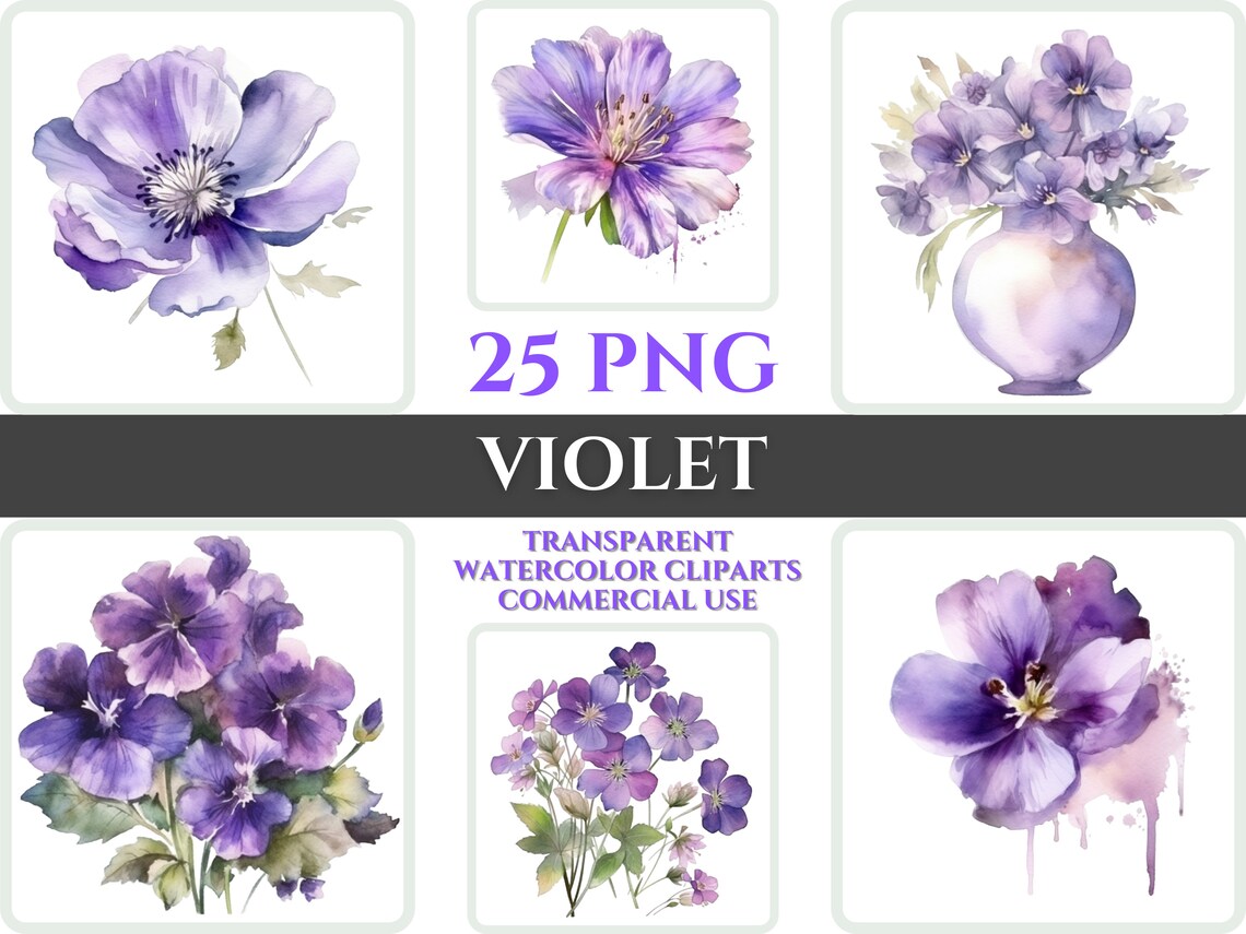 Watercolor Violet Flower Clipart: 25 PNG Images (digital Download) - Etsy