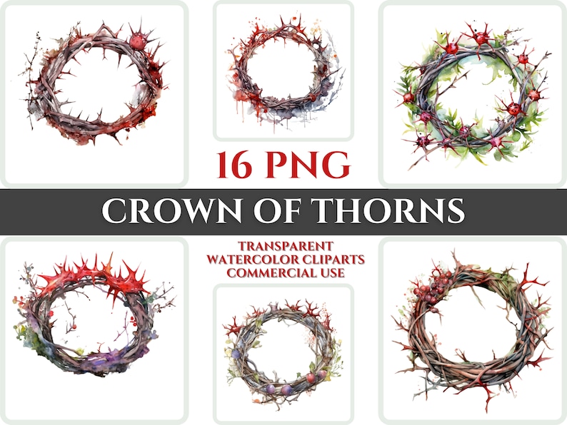 Watercolor Crown of Thorns Clipart: Christian PNG Bundle (digital Image ...