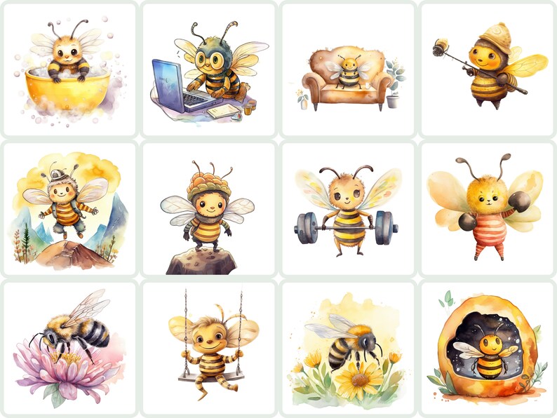 Cute Honey Bee Watercolor Clipart Bundle, Nursery Kawaii PNG (digital ...