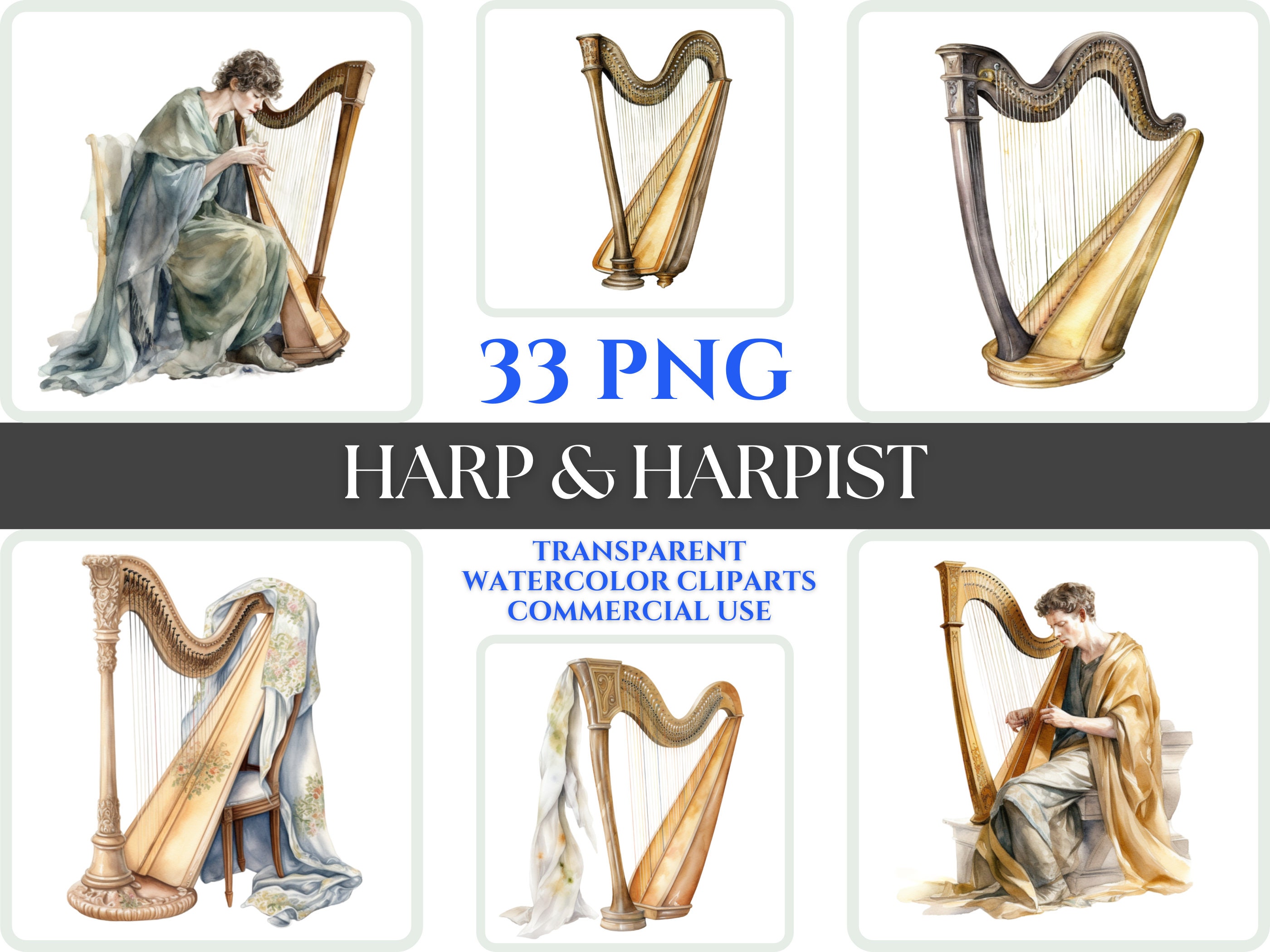 Sublimation Harp Playing Man Watercolor Clipart Harpist Portrait ...
