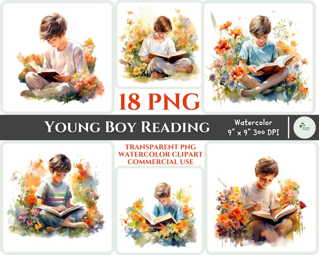 Watercolor Boy Reading Clipart: Christian, Floral PNG (digital Download ...