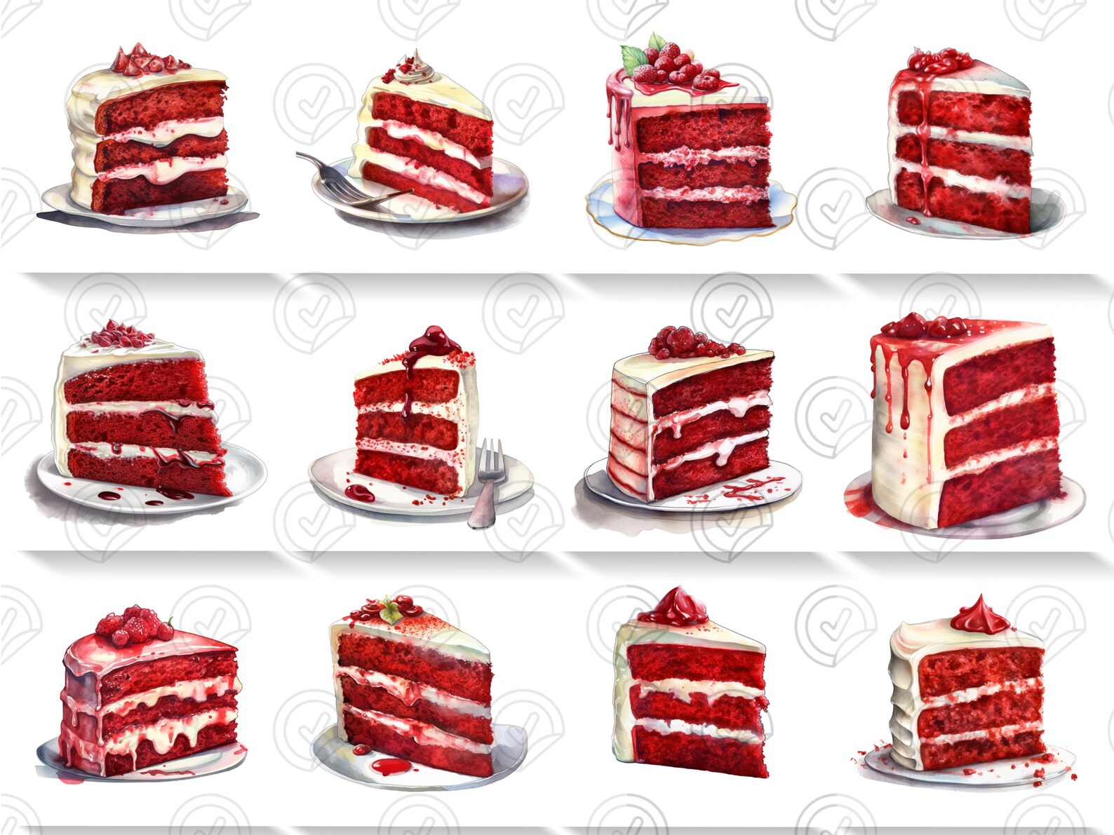 Red Velvet Cake Clipart PNG Watercolor Set Transparent Digital Image ...