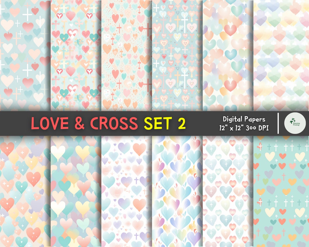 Cross and Love Digital Paper Set 2 Heart Seamless Pattern Christmas ...