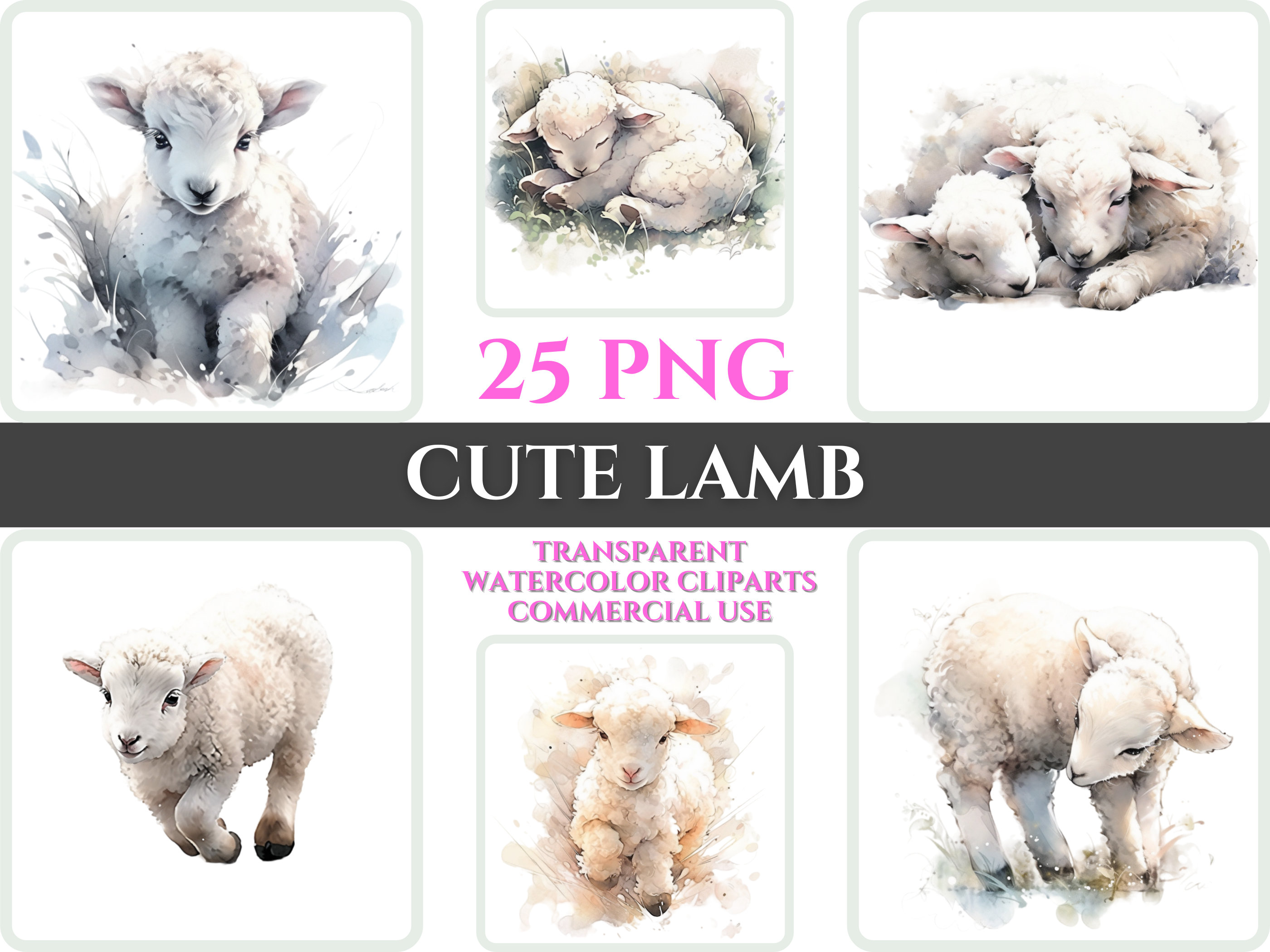 Watercolor Cute Lamb Clipart Lamb PNG Bundle Lamb Wallart Gift for ...