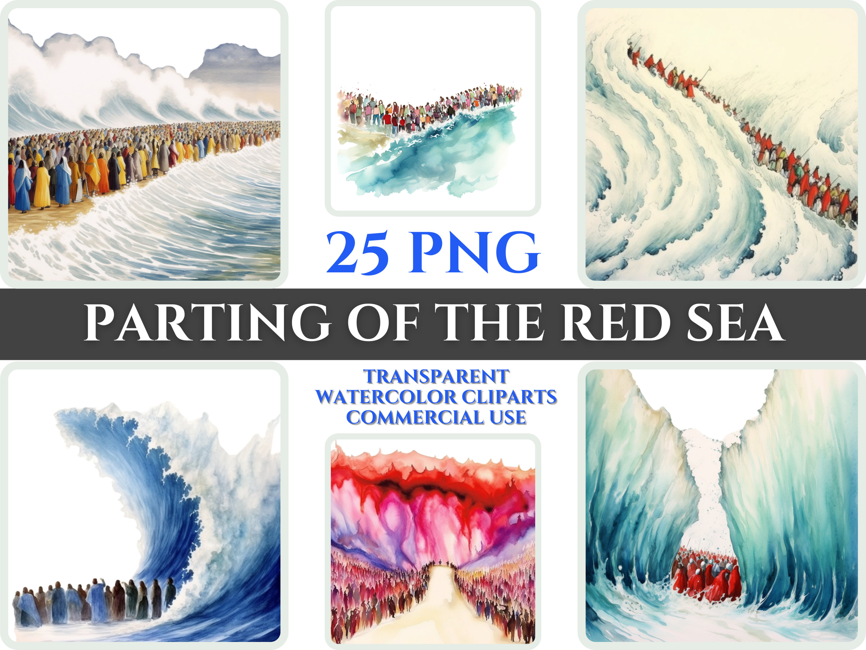 Watercolor Parting of the Red Sea Clipart PNG Bundle Christian Abstract ...