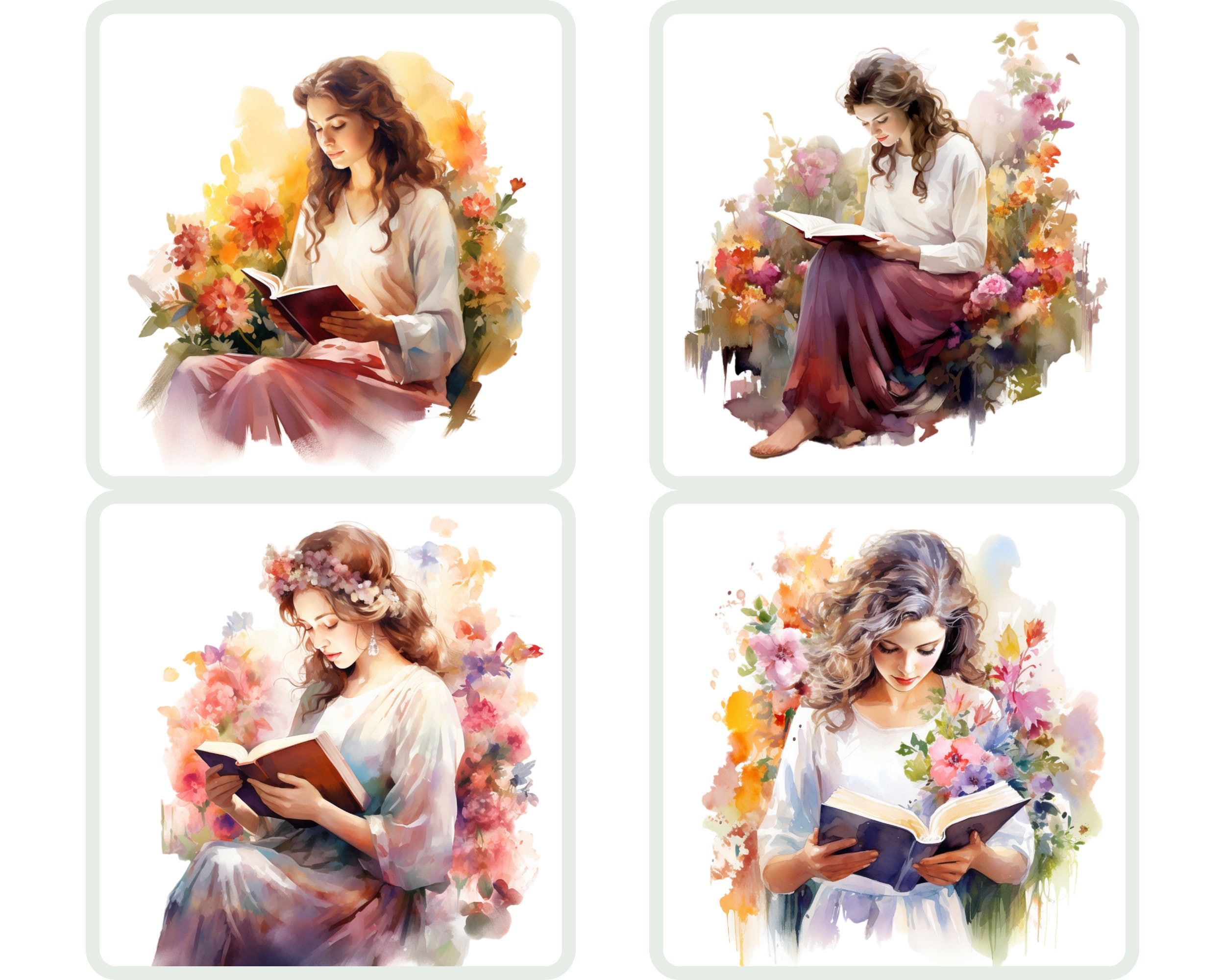 Lady Reading Bible PNG Watercolor Clipart Christian Woman Portrait ...