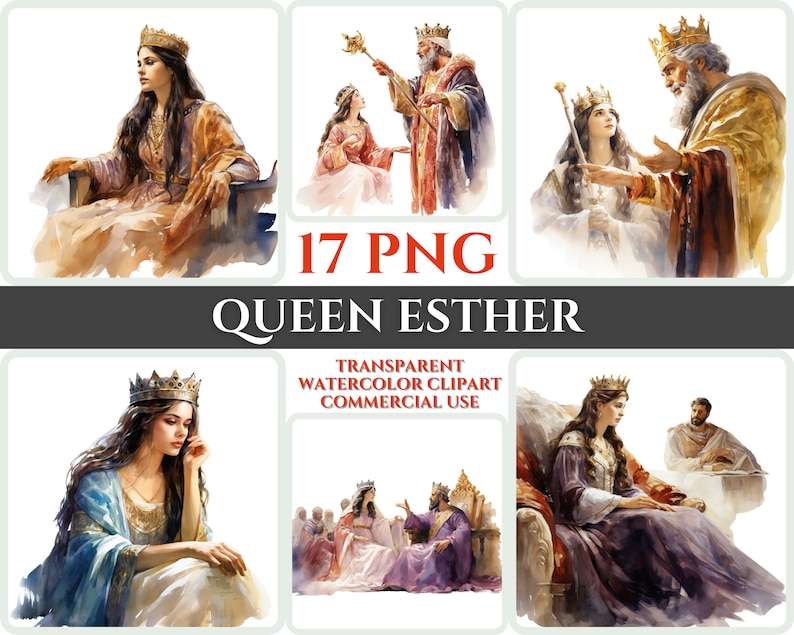 Queen Esther Watercolor Clipart: Christian Art, Golden Scepter (PNG ...