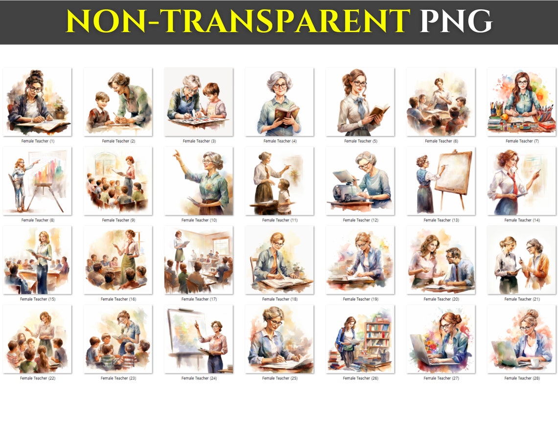 Watercolor Teacher Clipart: 74 PNG School Graphics (digital Download ...