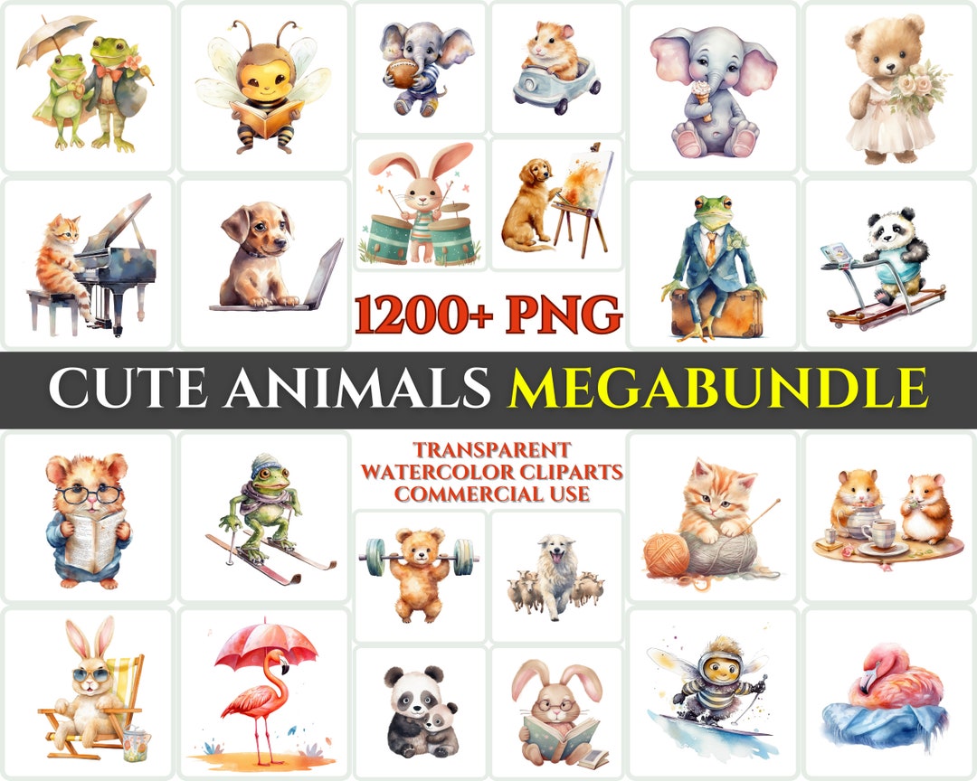 Watercolor Animal Clipart Bundle, 1200+ PNG Images (digital Download ...