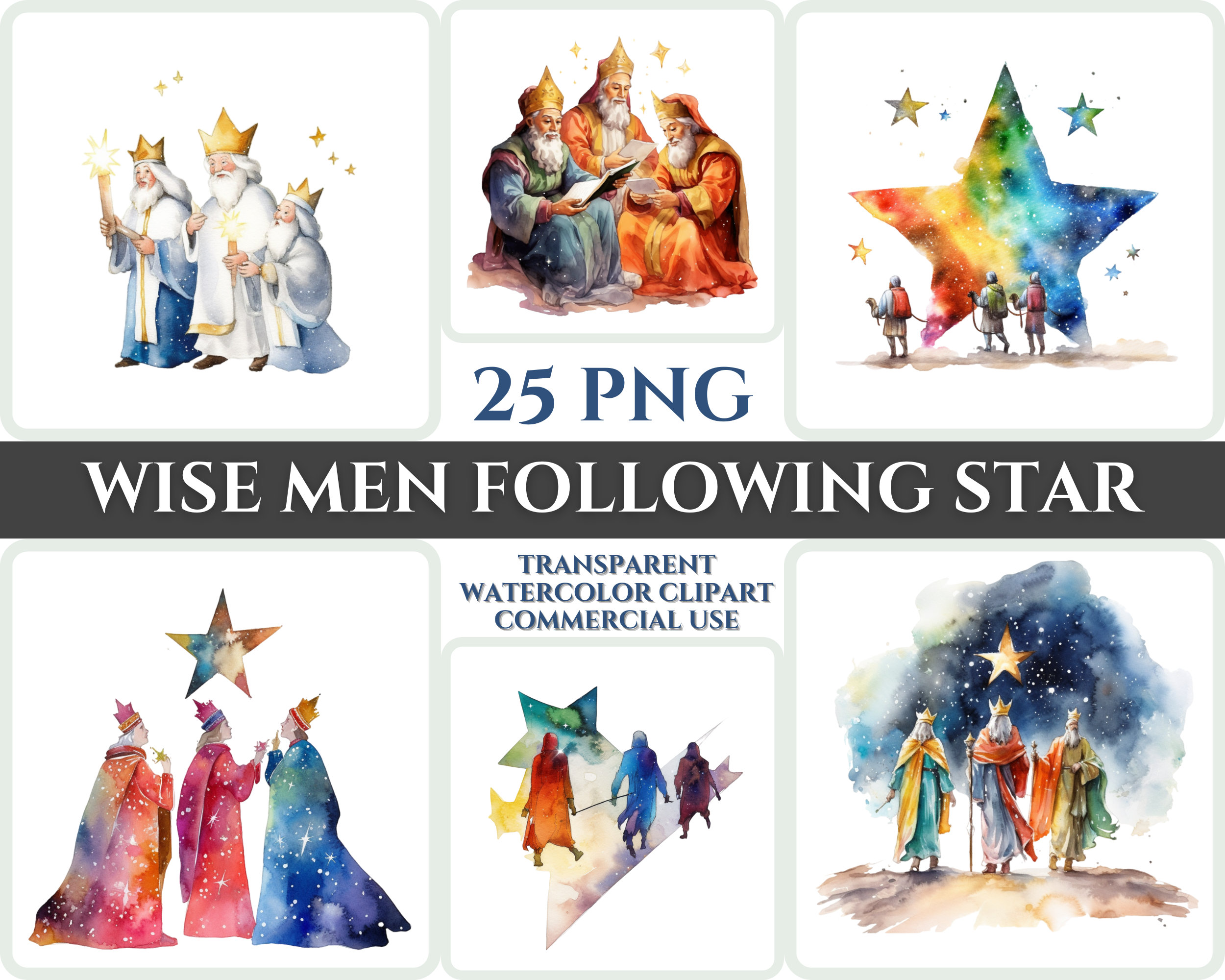 Three Wise Men Following the Star Clipart PNG Watercolor Bundle ...