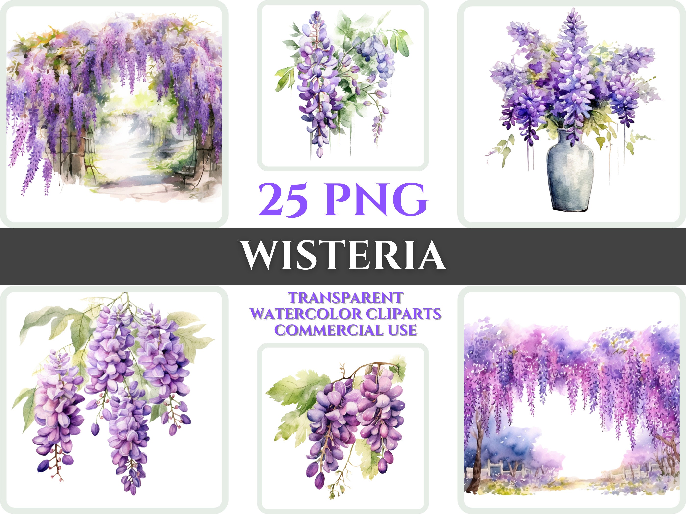 Watercolor Wisteria Clipart: Floral Bouquet PNG Images (digital ...