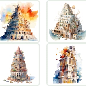 Tower of Babel Clipart PNG Watercolor Bundle Christian Clipart Abstract ...