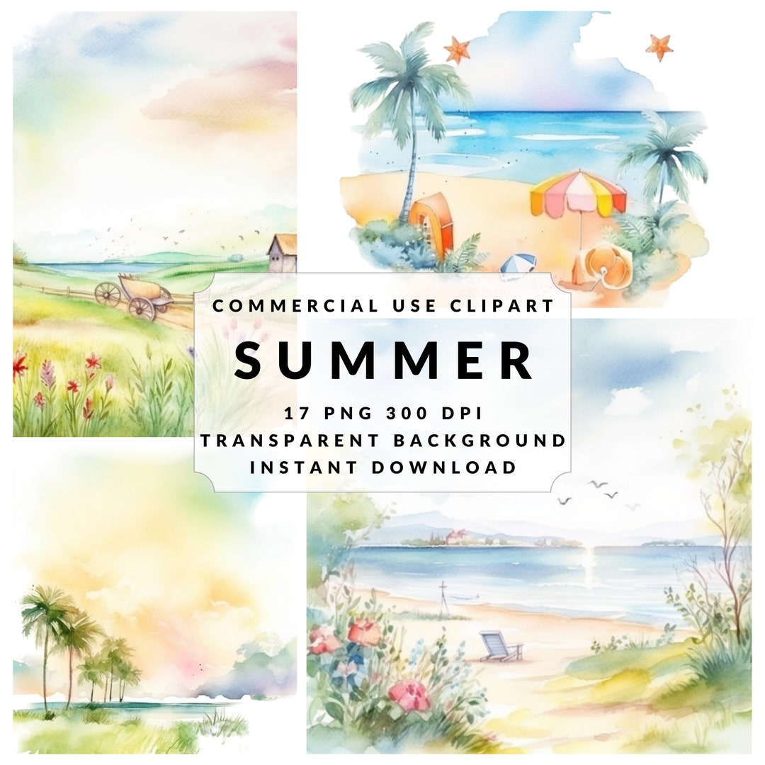 Summer PNG Clipart Watercolor Bundle Summer Transparent Summer Sticker ...