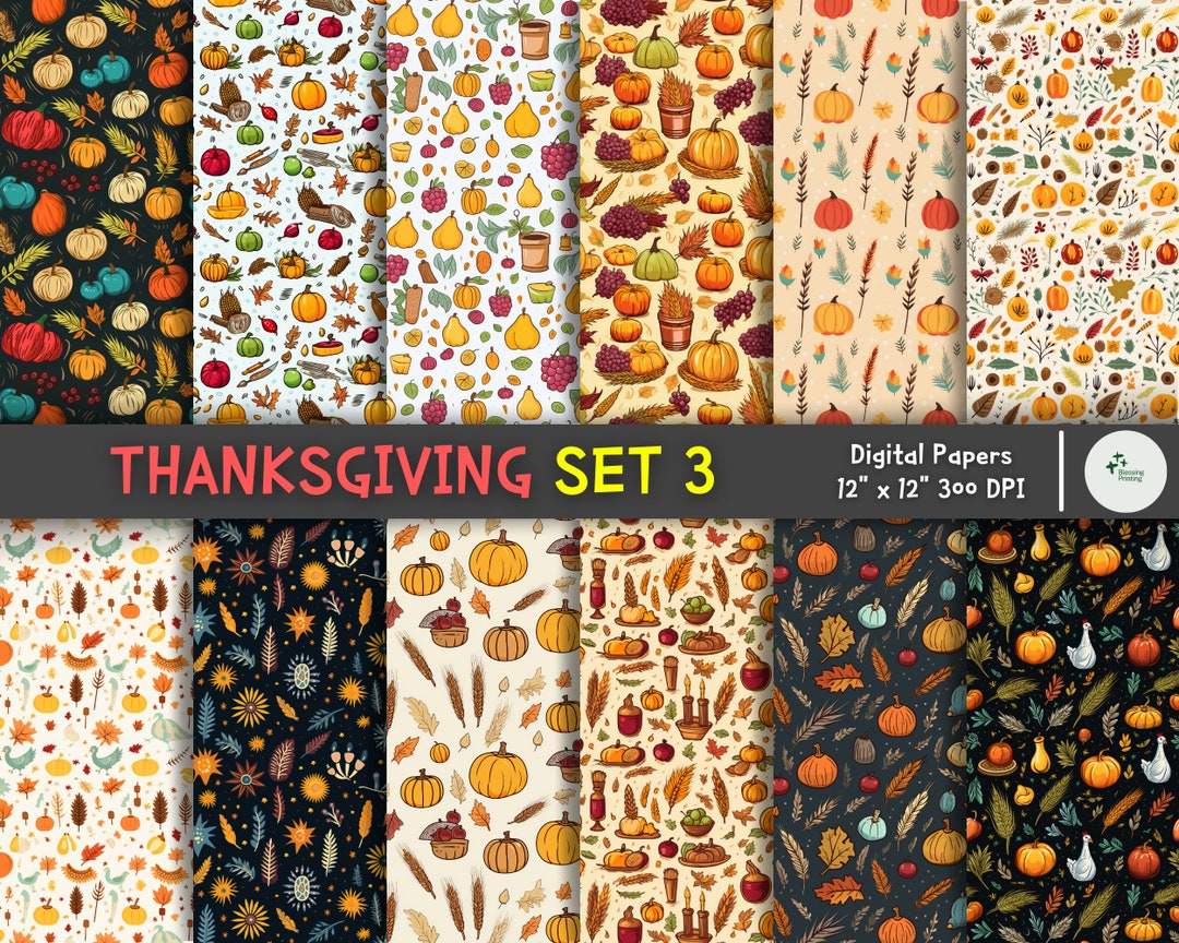 Thanksgiving Digital Paper Set 3 Christian Seamless Pattern Pumpkin ...