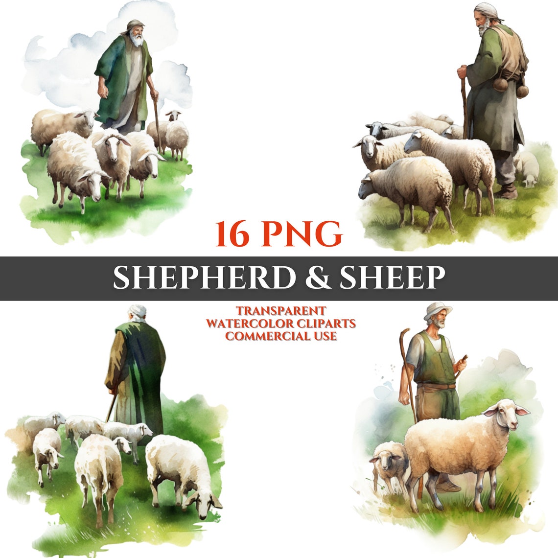 Watercolor Shepherd & Sheep Clipart Set (PNG, Digital Download) - Etsy
