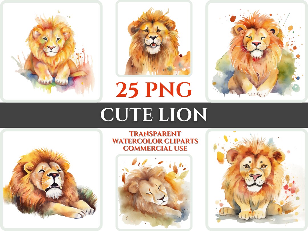 Watercolor Lion Clipart Cute Lion PNG Bundle Lion Wallart Gift for ...