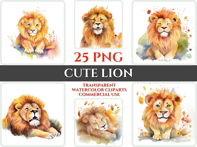 Watercolor Lion Clipart Cute Lion PNG Bundle Lion Wallart Gift - Etsy