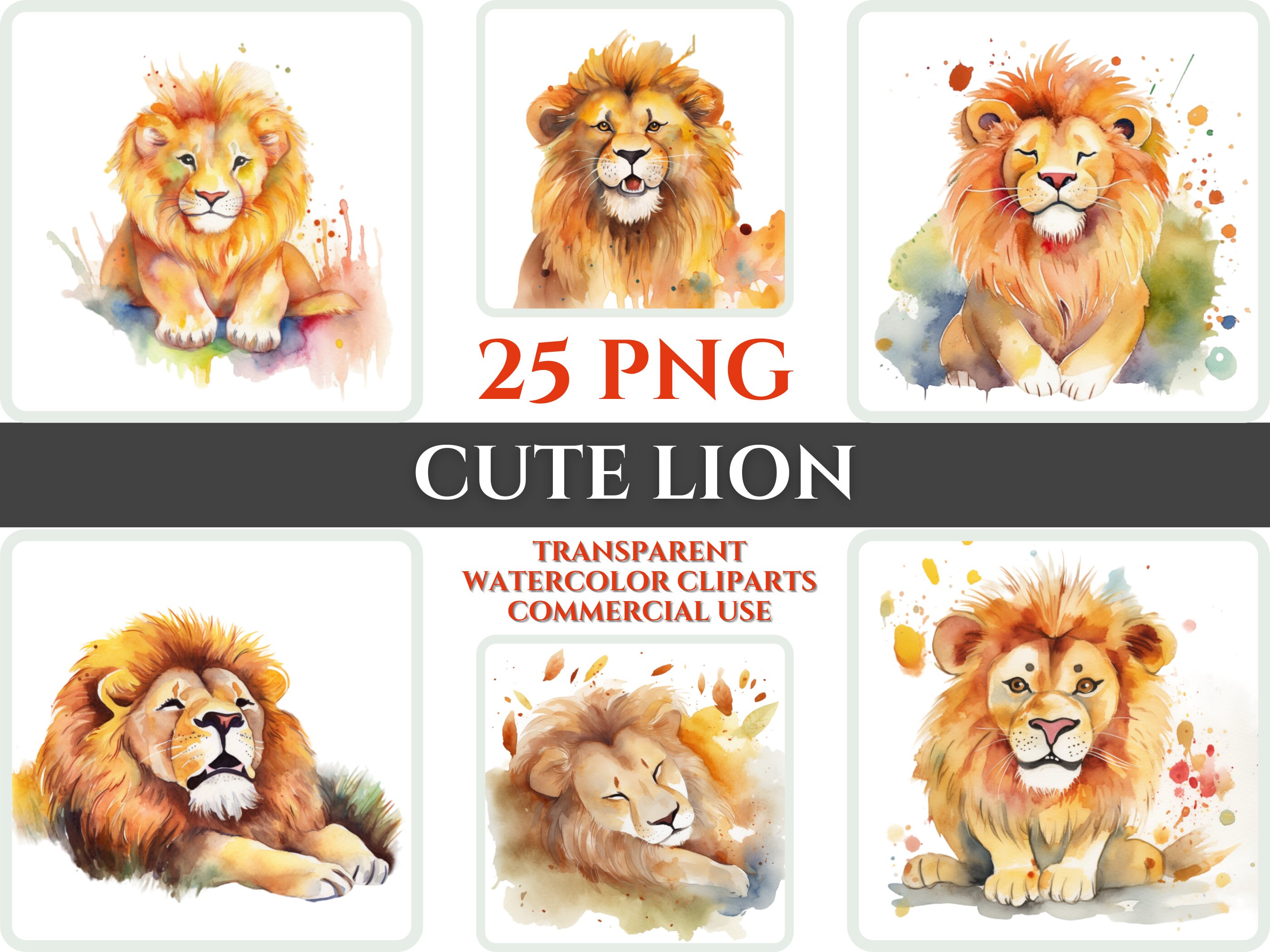 Watercolor Lion Clipart: Cute Nursery Lion PNG Bundle (digital Download ...