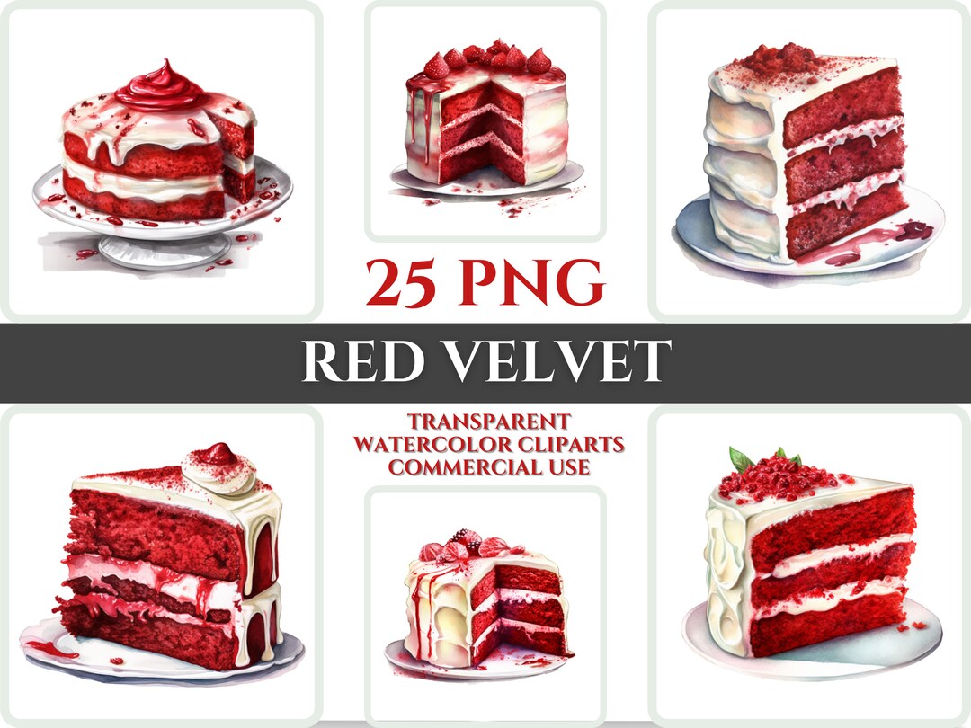 Red Velvet Cake Clipart PNG Watercolor Set Transparent Digital Image ...