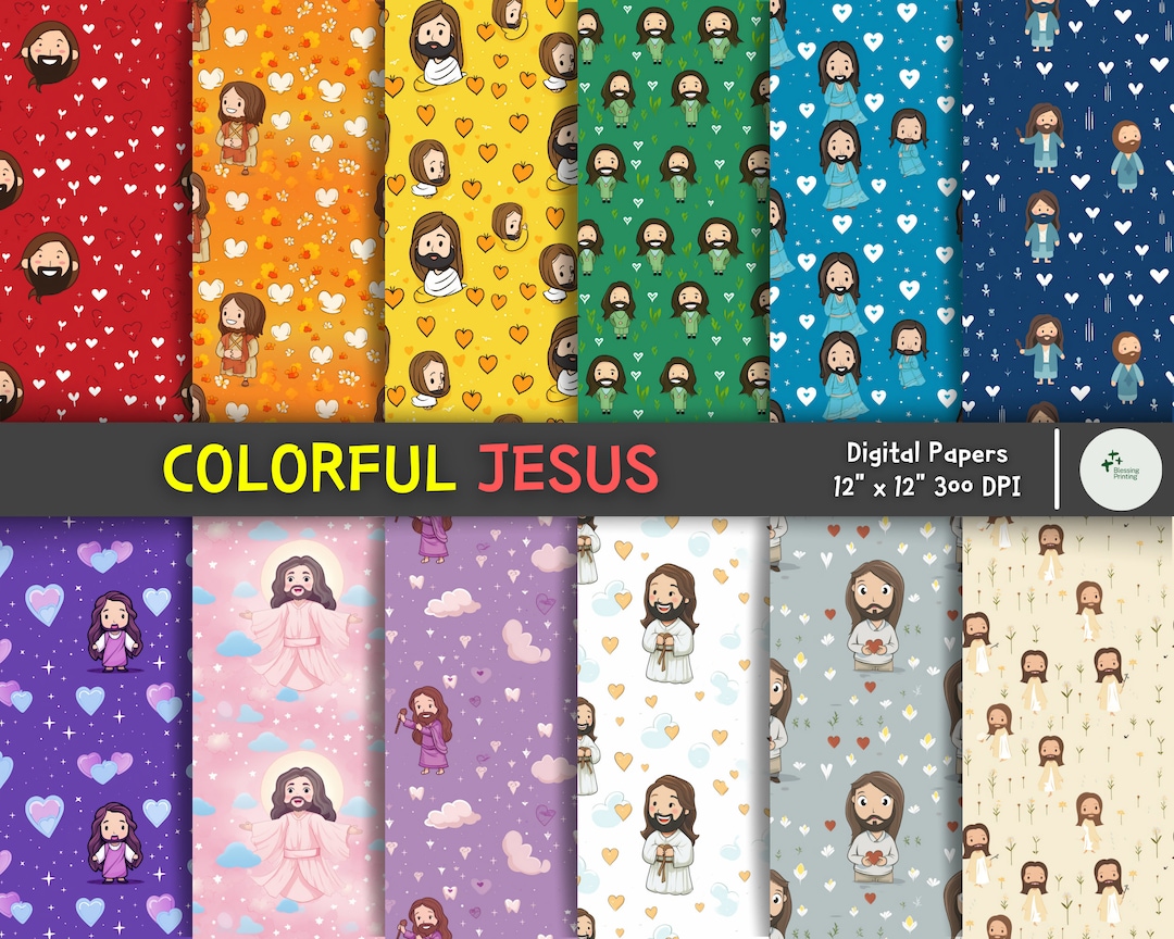 Christian Digital Paper Set Colorful Jesus Seamless Pattern Christmas ...