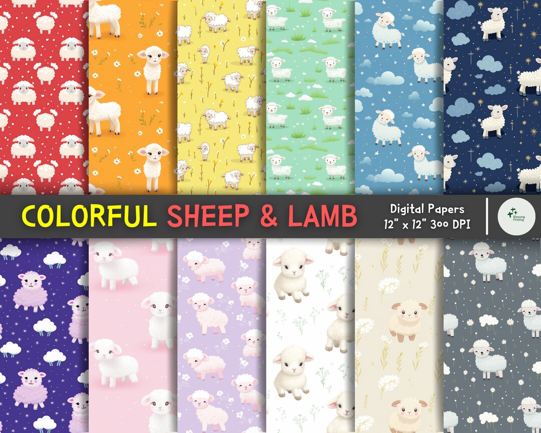 Sheep and Lamb Digital Paper Set Rainbow Seamless Pattern Christmas ...