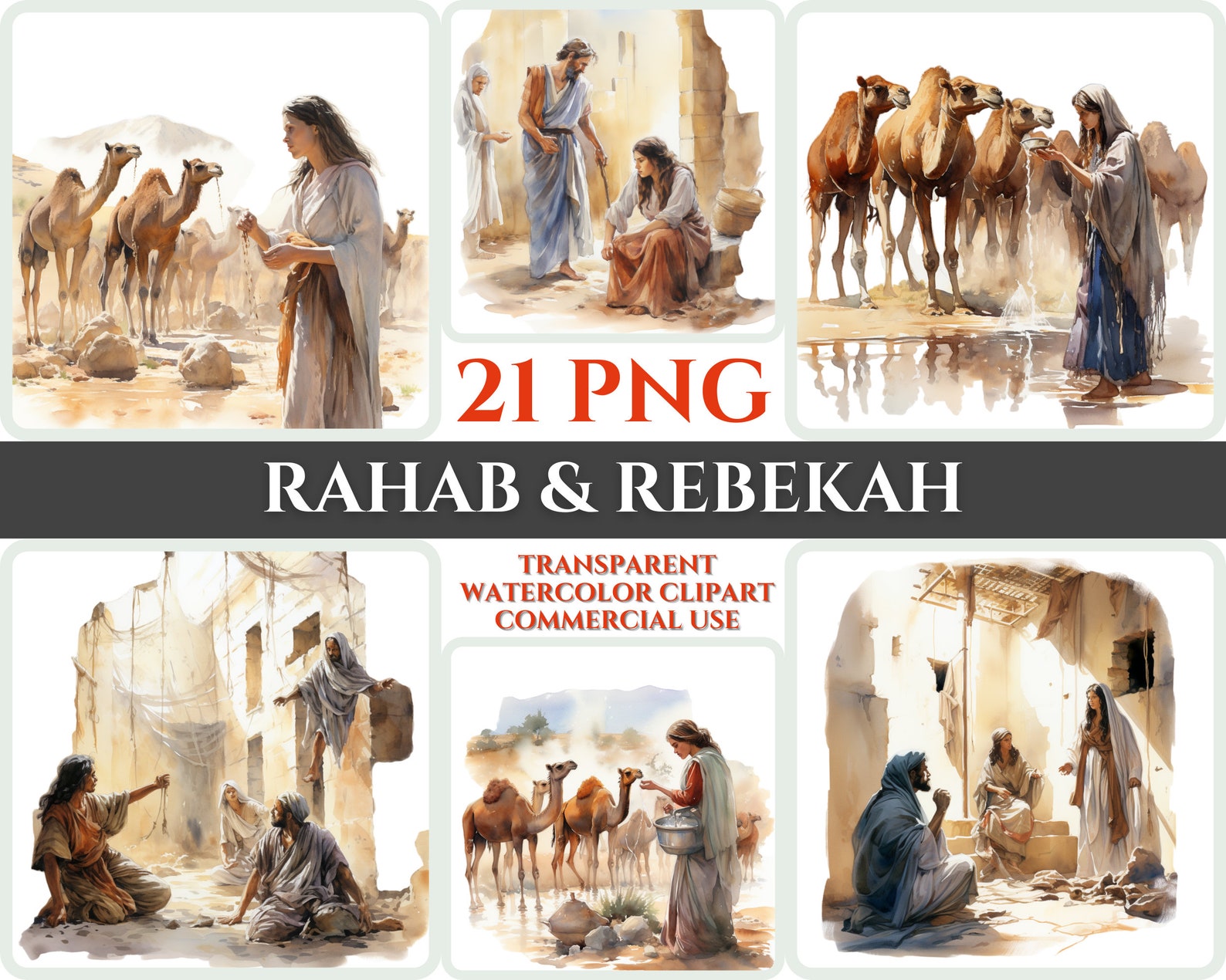 Rahab & Rebekah Watercolor Clipart, Bible Story PNG (digital Download ...