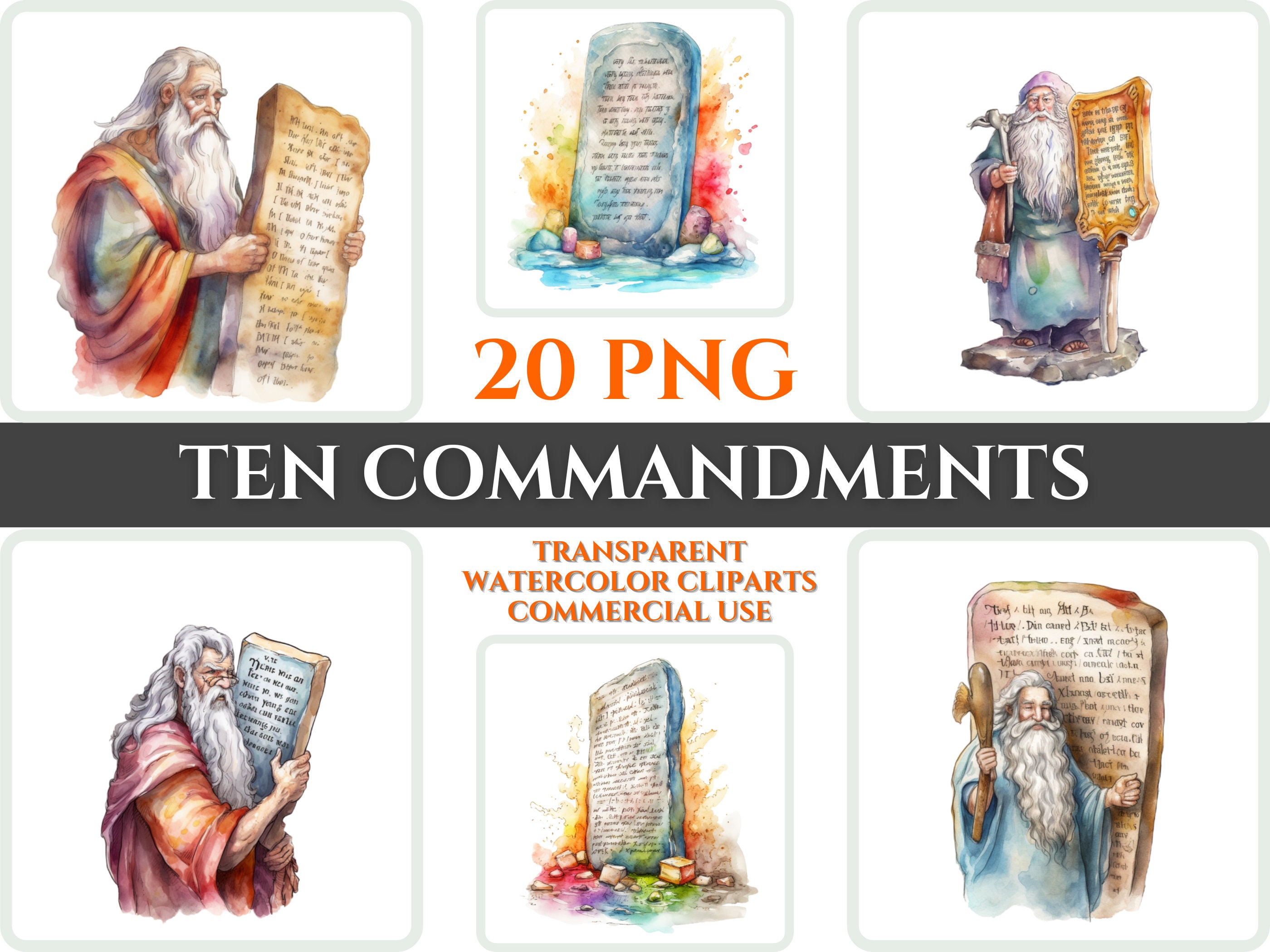 Ten Commandments Clipart PNG Watercolor Bundle Christian Clipart Set Moses Digital Image ...