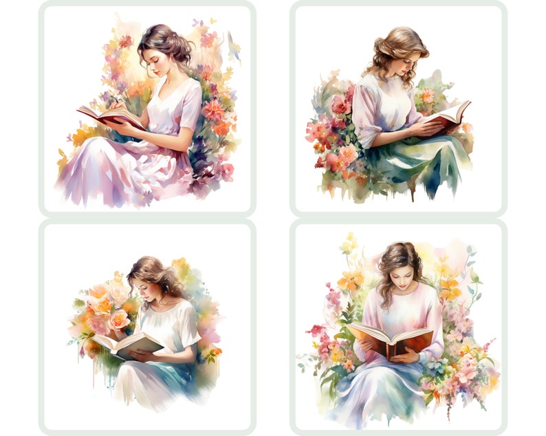 Watercolor Lady Reading Bible PNG Clipart, Floral Christian Art ...