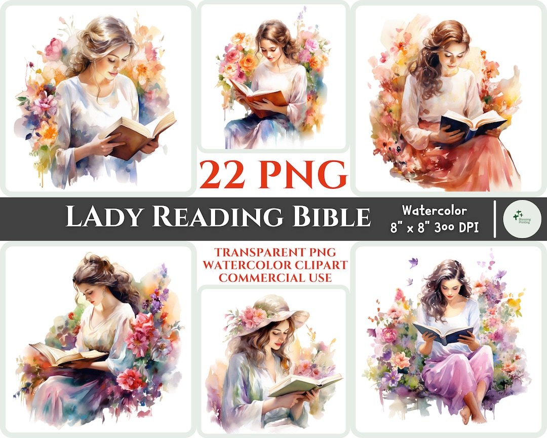 Lady Reading Bible PNG Watercolor Clipart Christian Woman Portrait ...