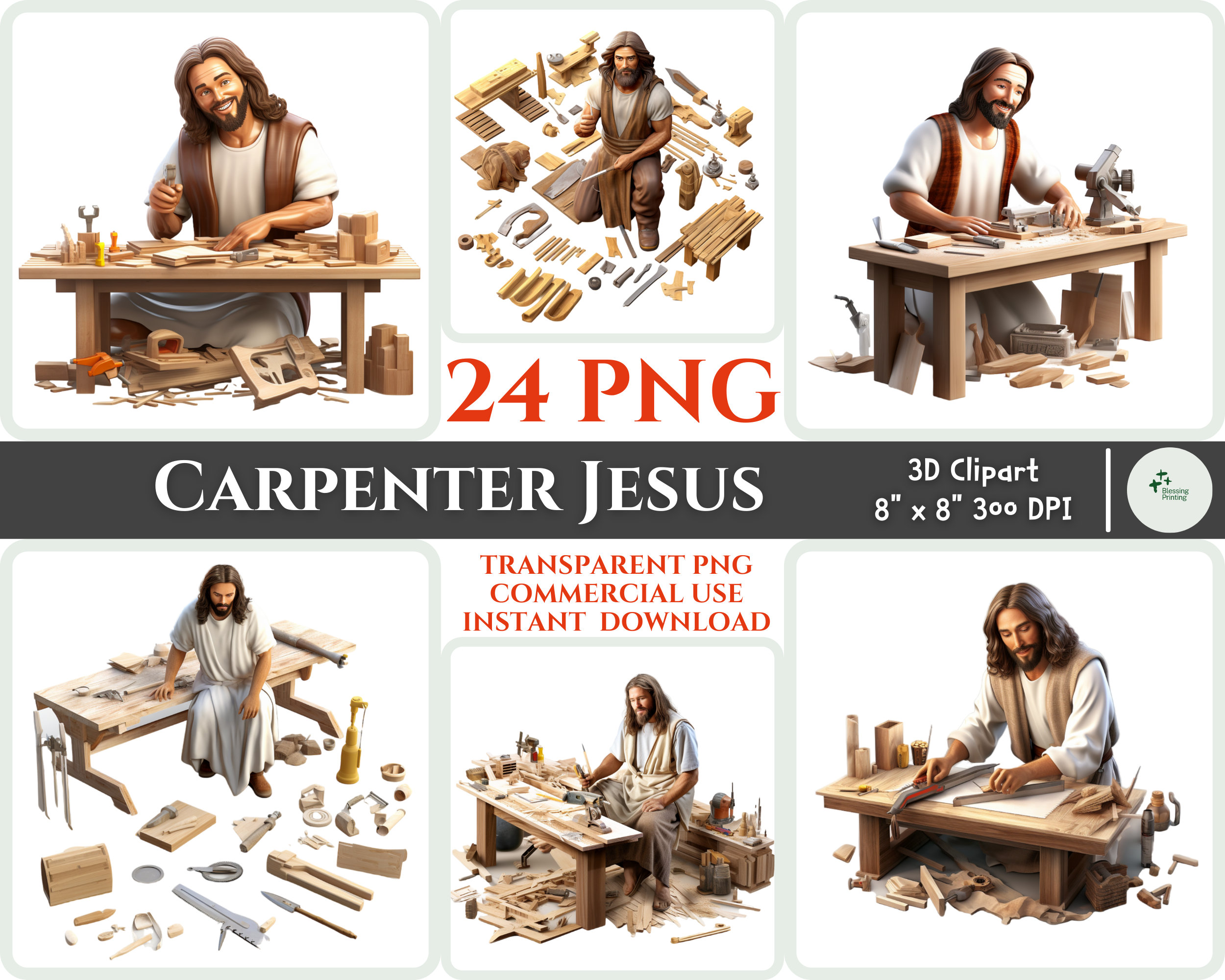 Carpenter Jesus PNG 3D Clipart Bundle Christian Tote Bag - Etsy