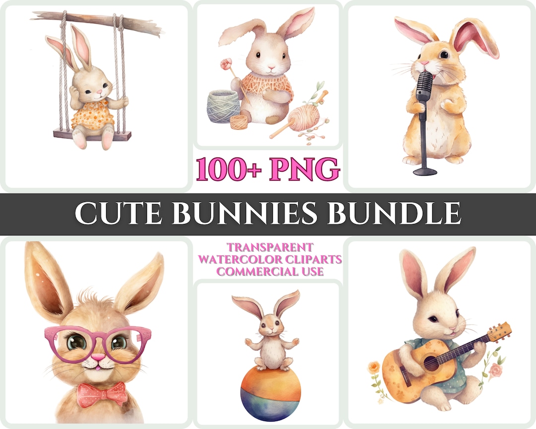 Watercolor Bunny Clipart Bundle, Nursery Kawaii PNG (digital Download ...