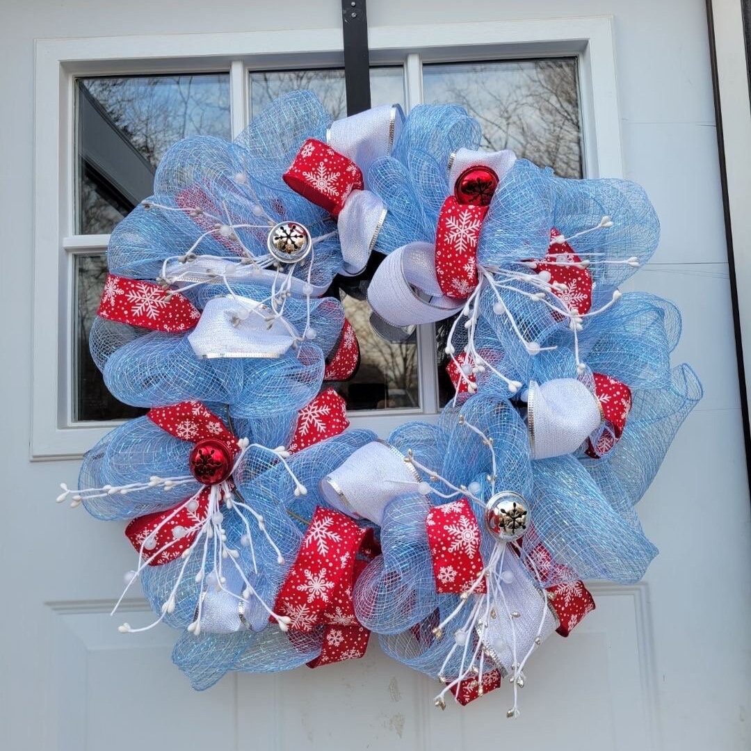 Blue Christmas Wreath, Light Blue Deco Mesh, Snowflake Ribbon ...