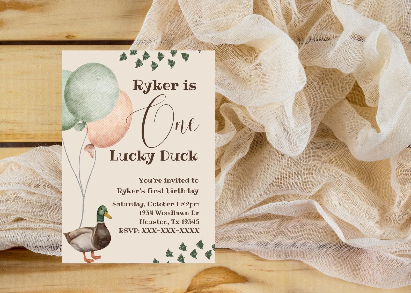 One Lucky Duck Tan First Birthday Party Invitation Template - Etsy