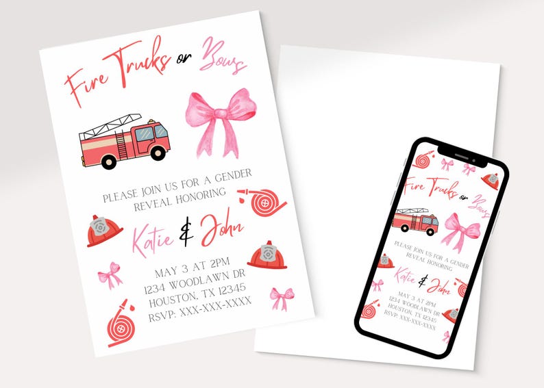 Firetrucks or Bows Gender Reveal Invitation/ Firefighter / Boy or Girl ...